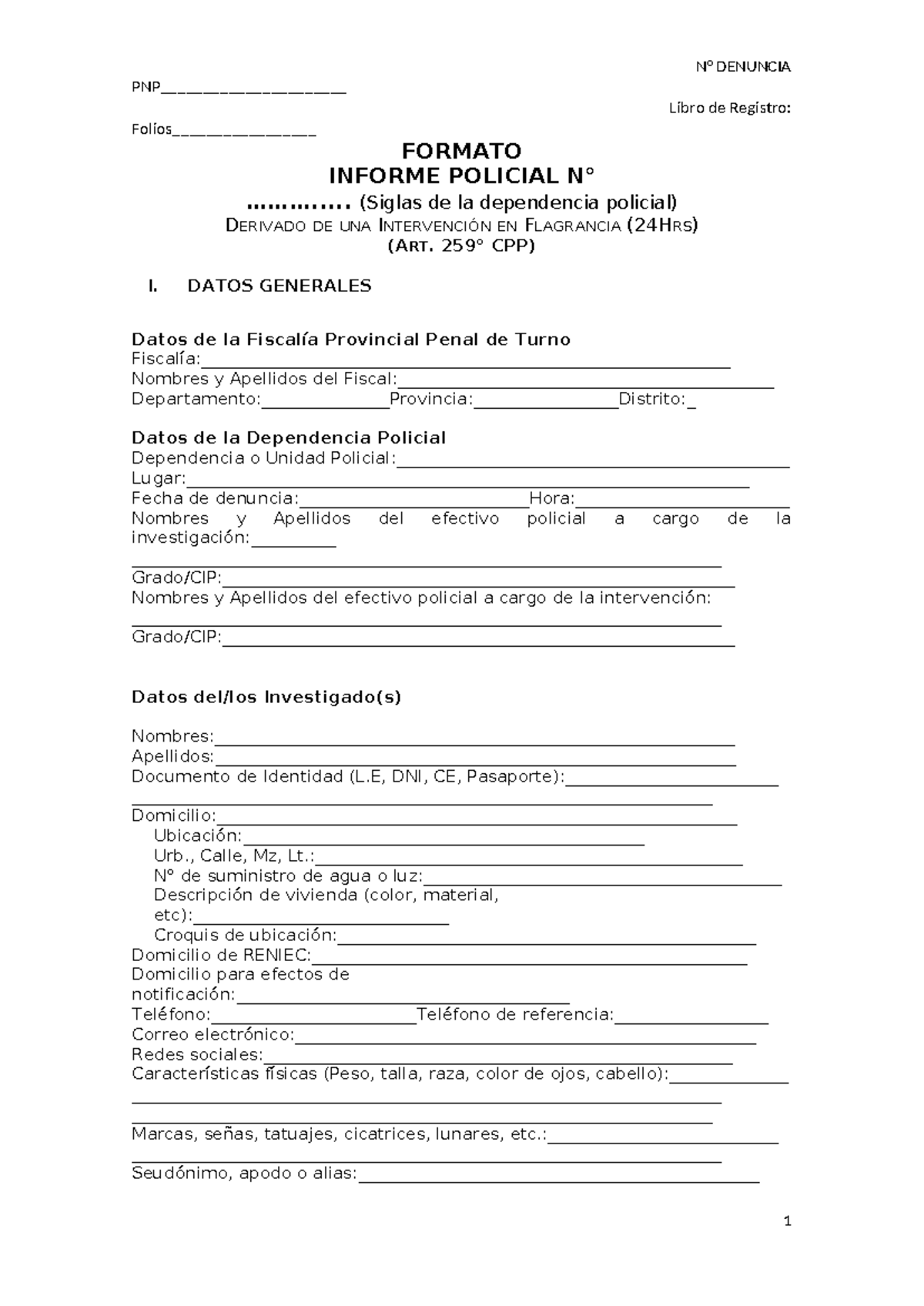 DENUNCIA Libro de Registro: Formato de Informe Policial en Flagrancia ...