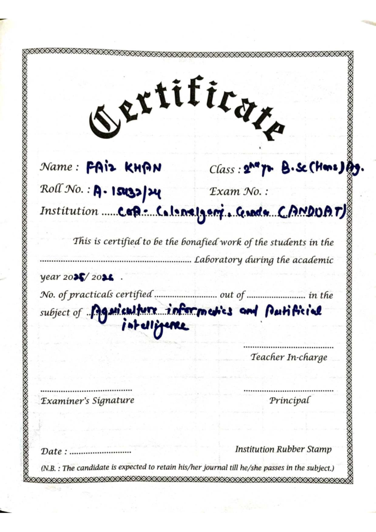 Practical Record: Agri. Informatics & AI (B.Se Hons) - Studocu