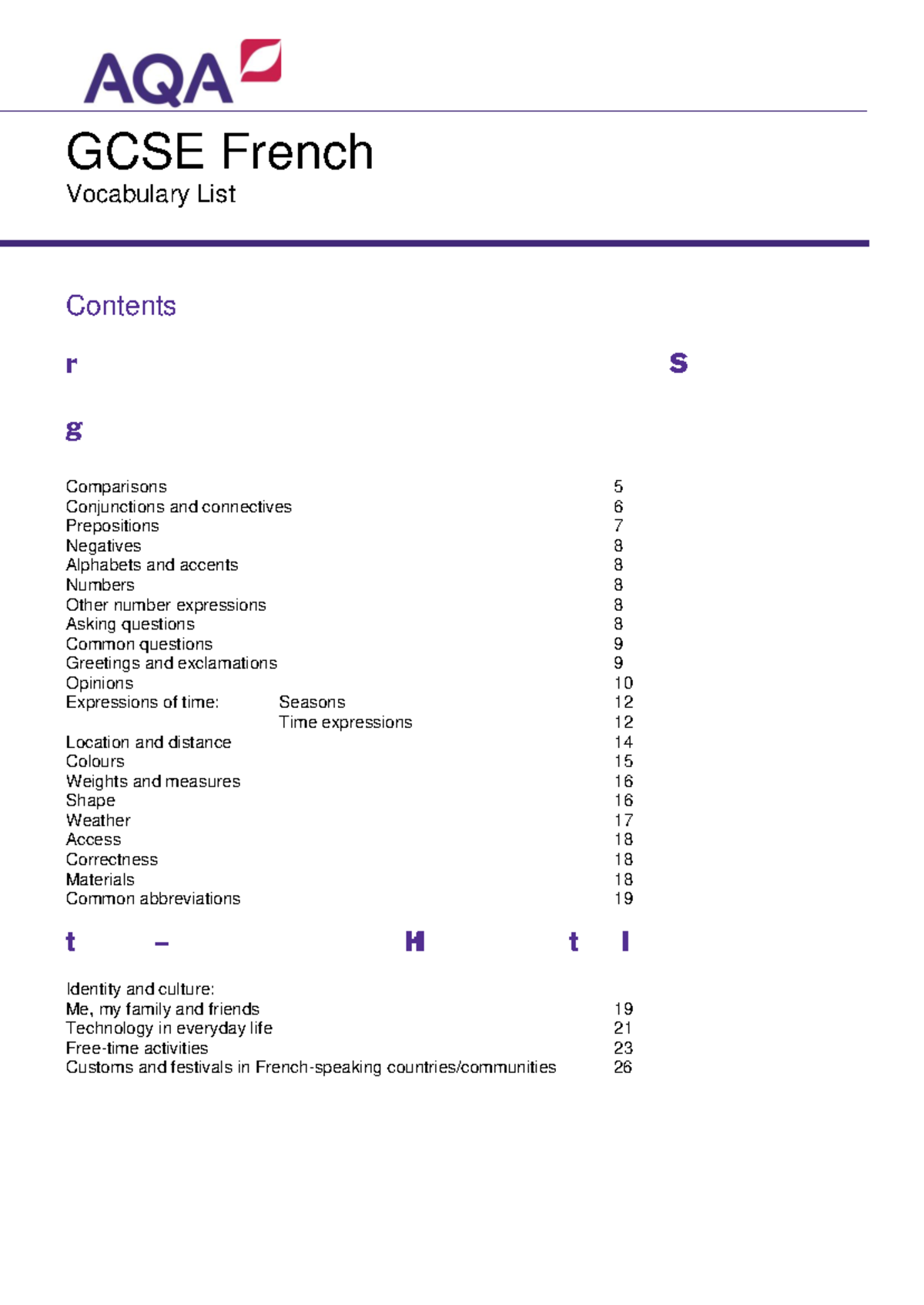 GCSE French AQA Vocabulary List: Essential Terms and Expressions - Studocu