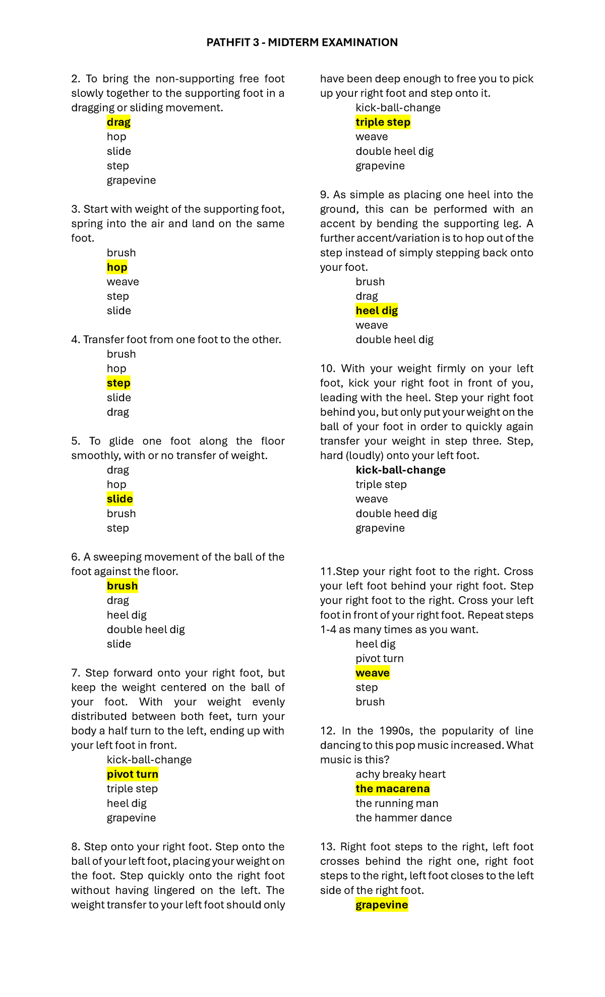 Pathfit 3 - Midterm Exam: Line Dance Movements and Techniques - Studocu
