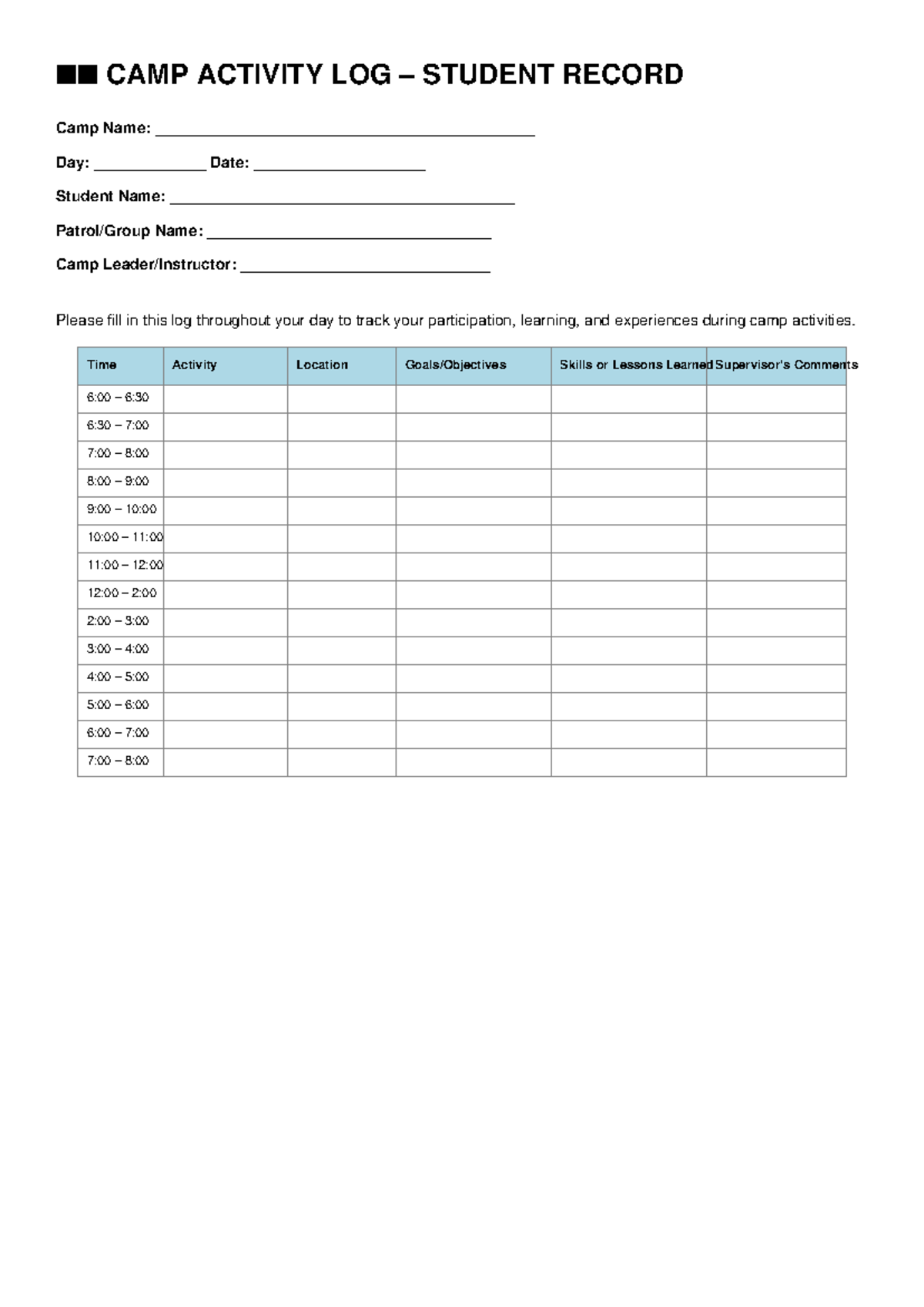 CAMP ACTIVITY LOG: Daily Participation & Learning Record - Studocu