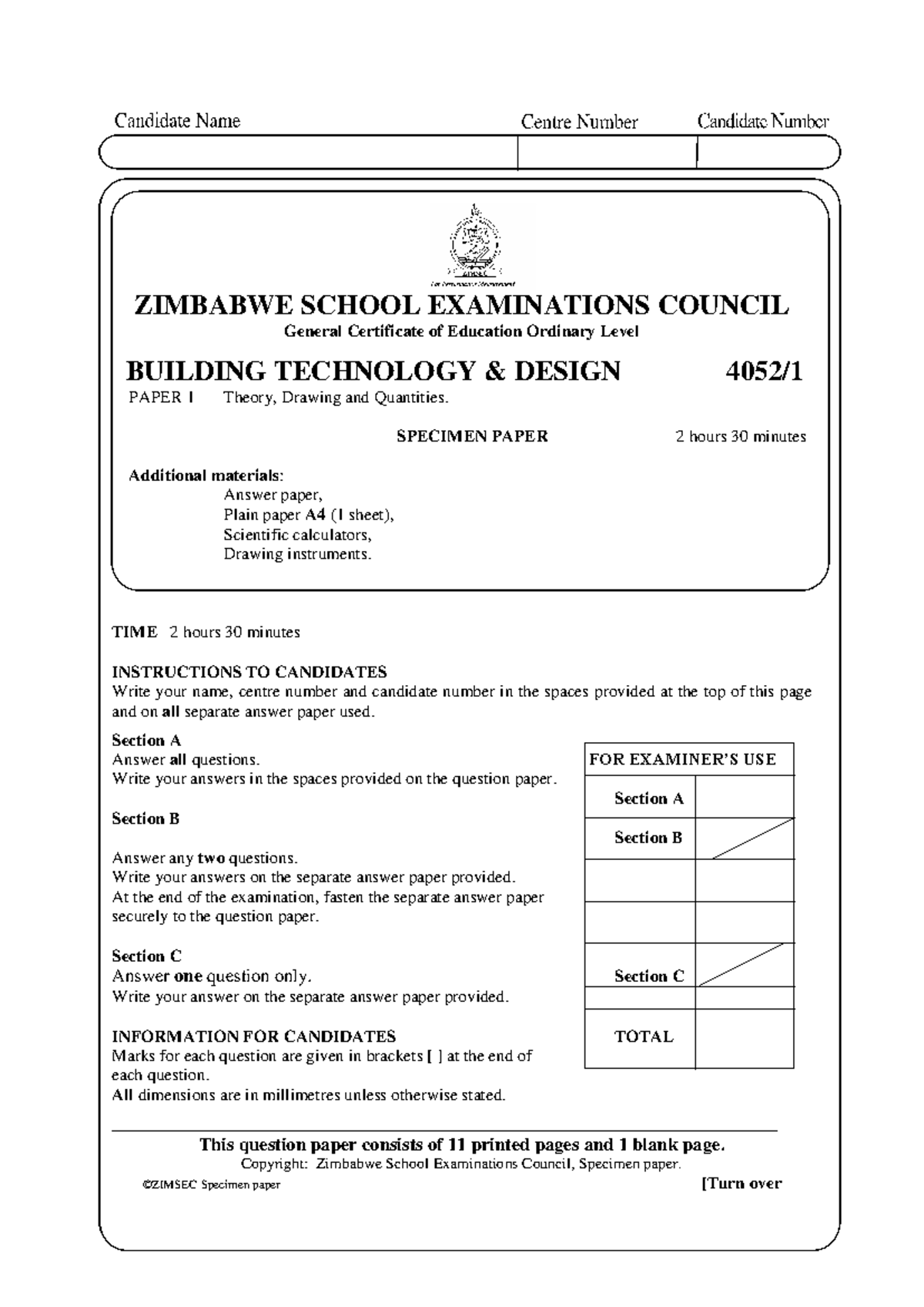 Building Technology Design O Level Specimen Paper - Theory & Drawing ...