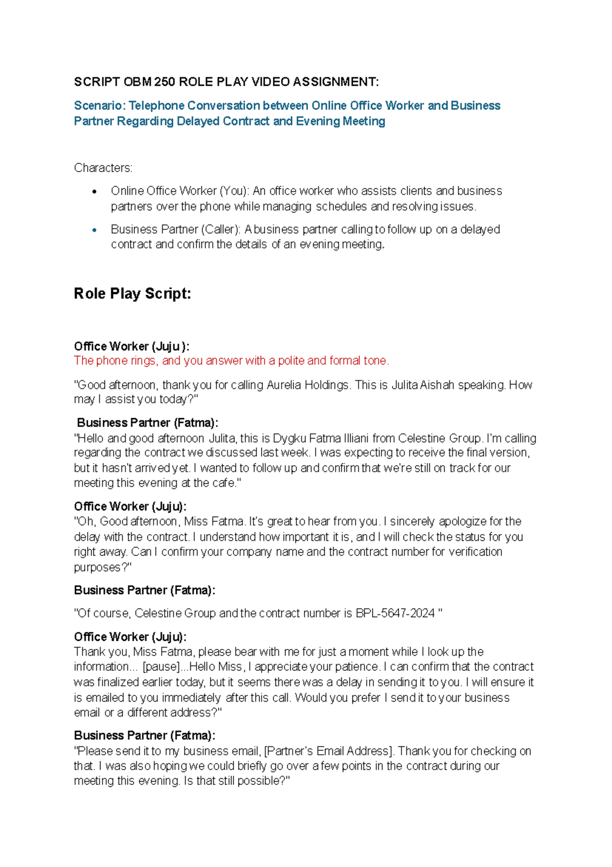 OBM250 Role Play: Telephone Conversation Script for Video Assignment ...