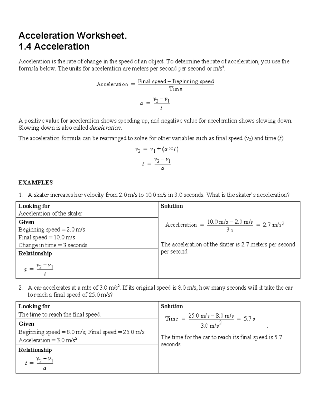 1.4 Acceleration Worksheet: Understanding Speed Changes - Studocu