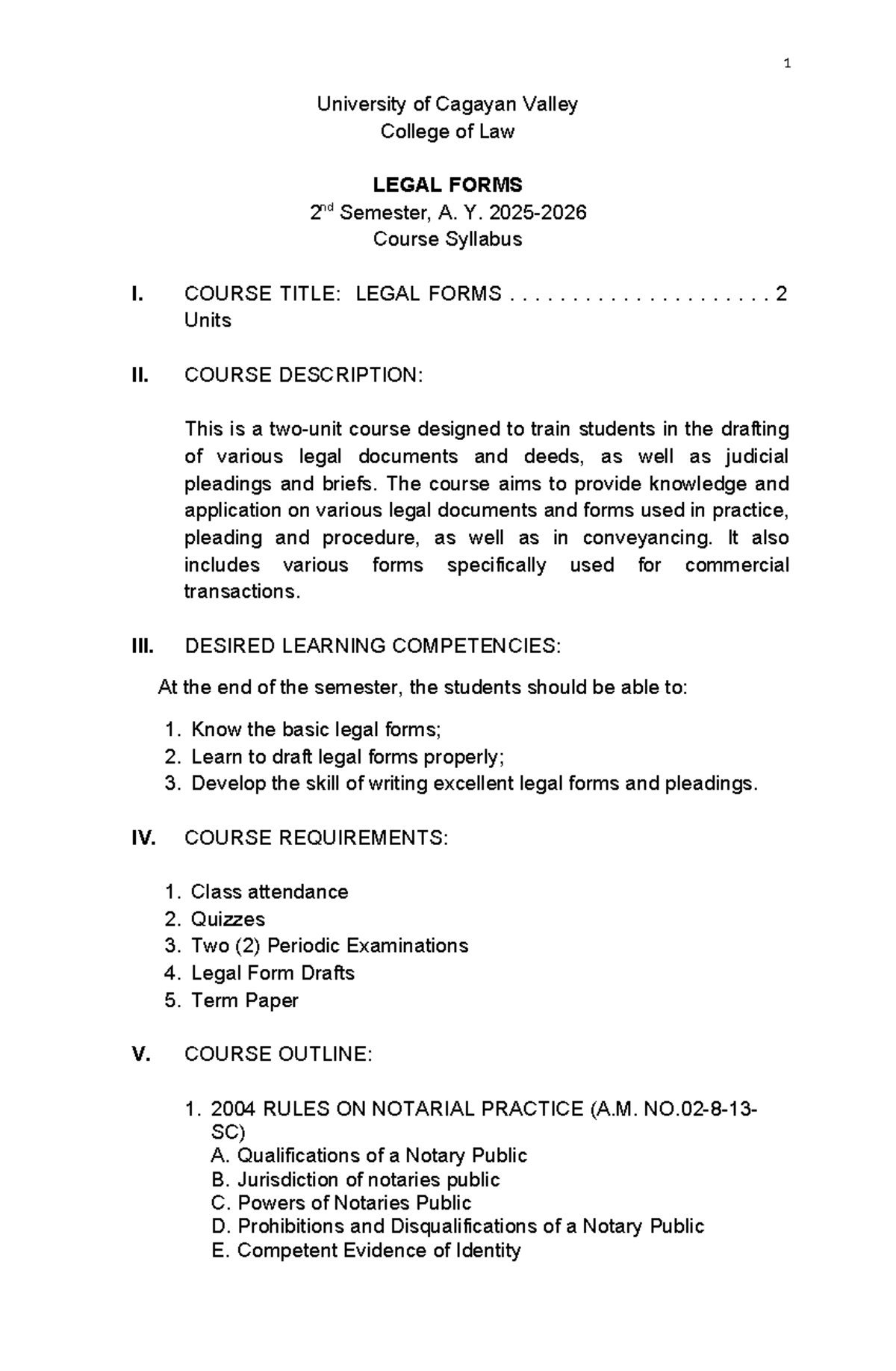 2026 Legal Forms Syllabus: Drafting Legal Documents & Pleadings - Studocu