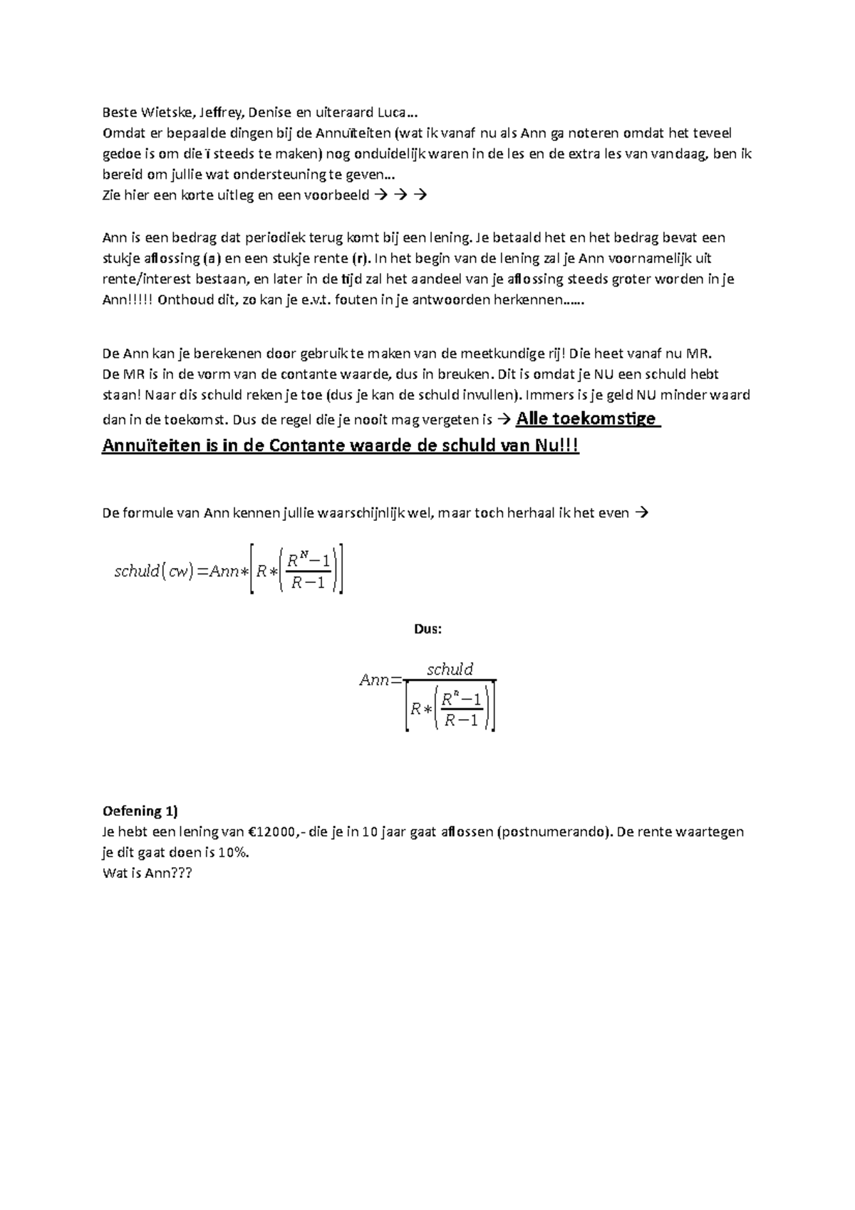Samenvatting Contante Waarde van Annuïteiten (HVW101) - Studeersnel