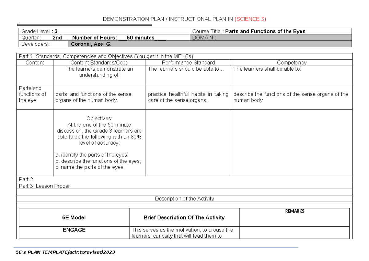 5E Lesson Plan: Parts and Functions of the Eye (SCIENCE 3) Grade 3 ...
