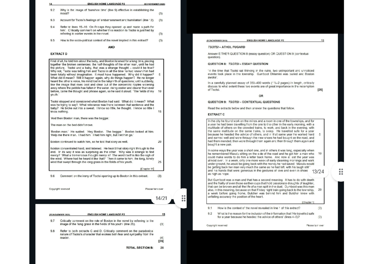 ENGLISH HOME LANGUAGE P2 2020: Tsotsi Contextual & Essay Questions Analysis - Studocu
