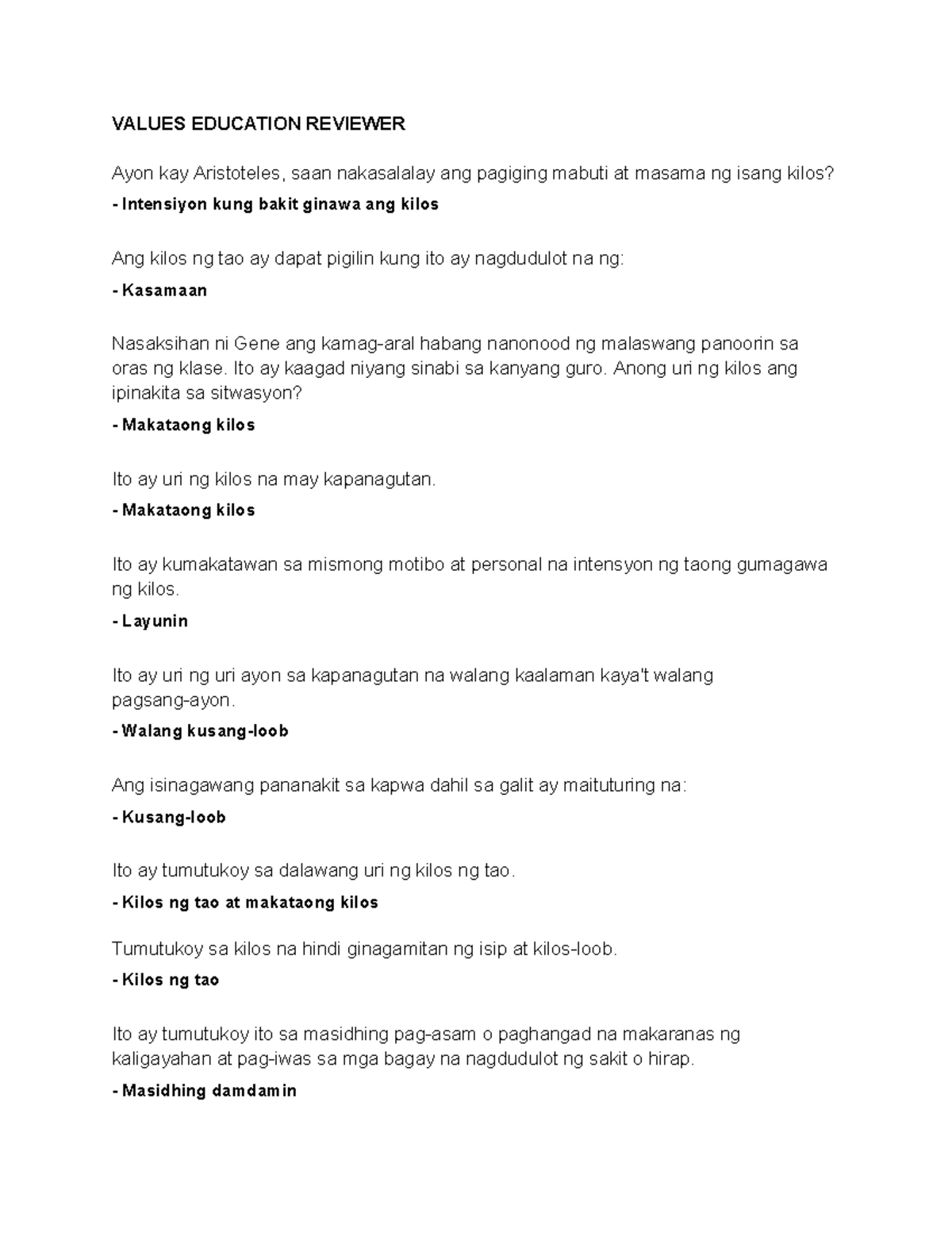 Values Education Reviewer - VALUES EDUCATION REVIEWER Ayon kay ...