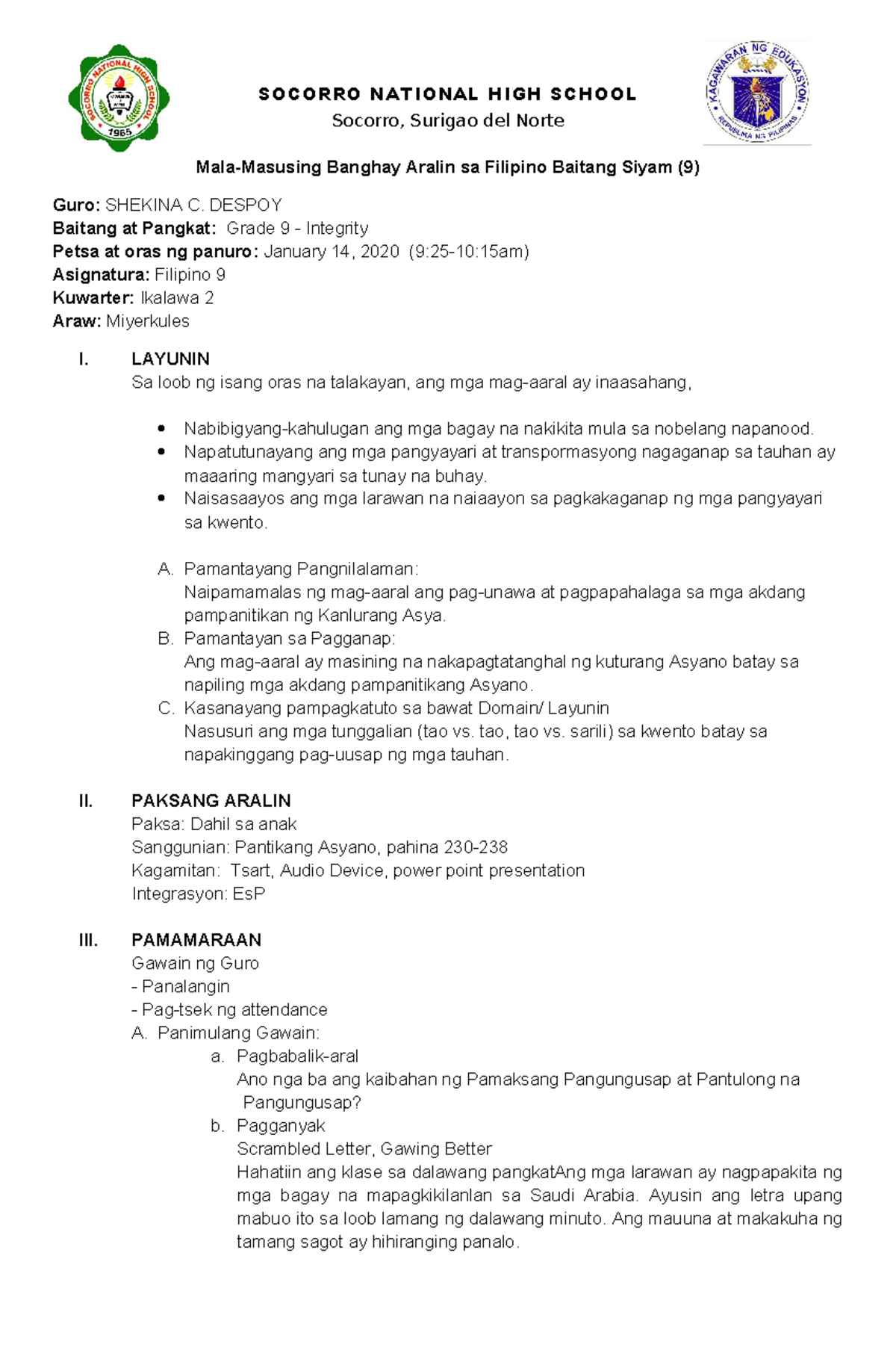 Banghay Aralin sa Filipino 9: Pagsusuri ng Nobela at Kahalagahan - Studocu