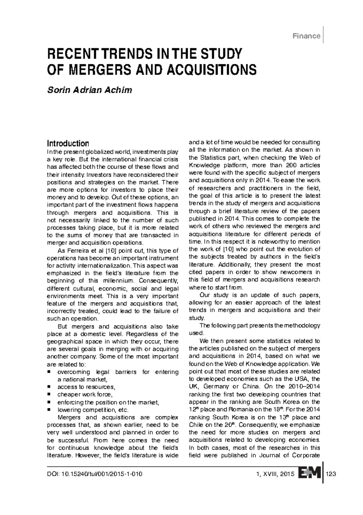 Finance RECENT TRENDS IN MERGERS AND ACQUISITIONS RESEARCH (2014) - Studocu