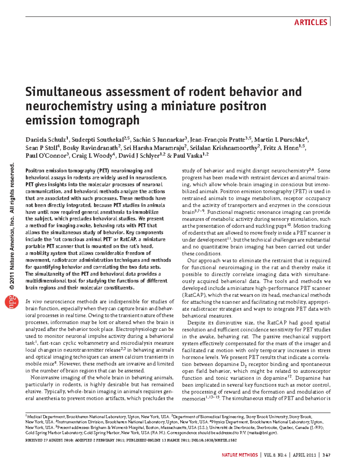 Simultaneous PET Imaging and Behavior Analysis in Rodents (NAT METHODS ...