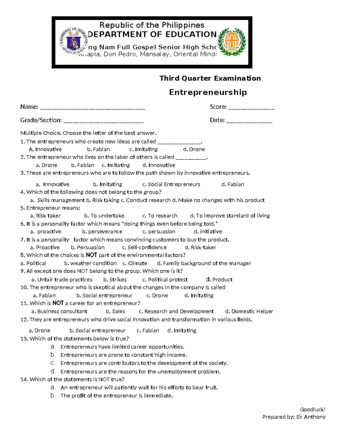 Entrep 101: Third Quarter Exam Review Notes - Studocu