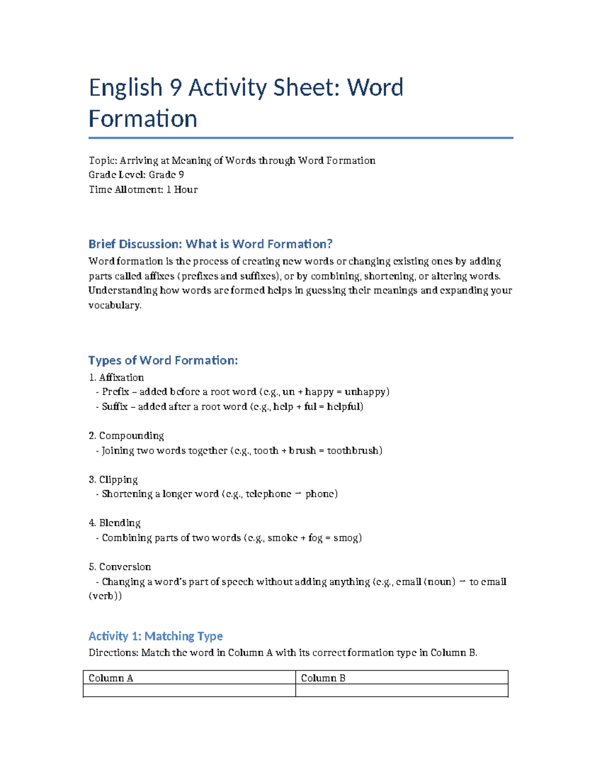 English 9 Activity Sheet: Exploring Word Formation Techniques - Studocu