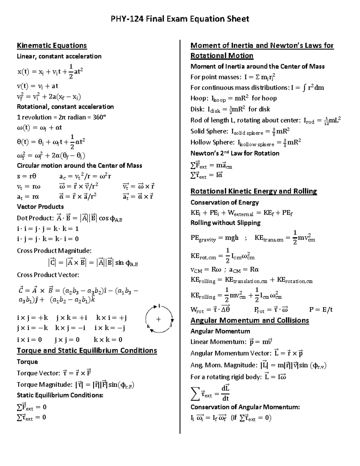 PHY-124 Final Exam Equation Sheet: Kinematics & Rotational Motion - Studocu
