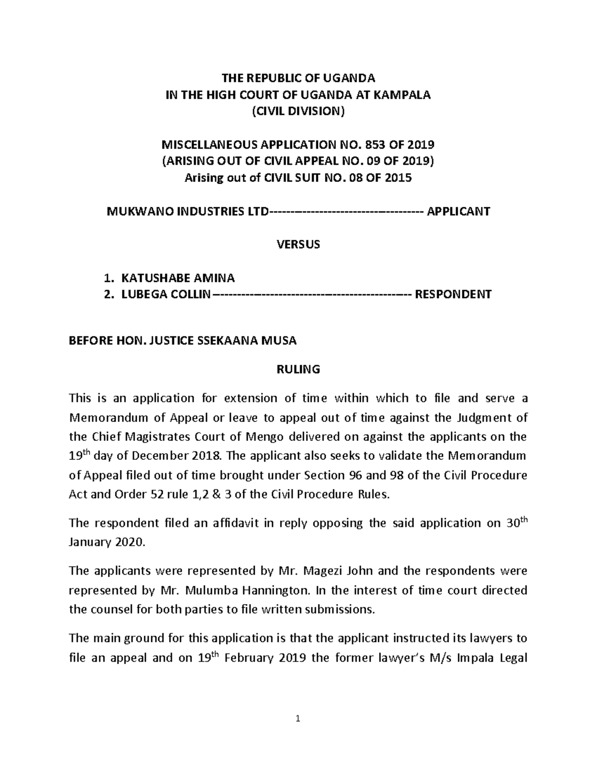 Mukwano Industries Ltd v Katushabe Amina (Misc. App. No. 853/2019 ...