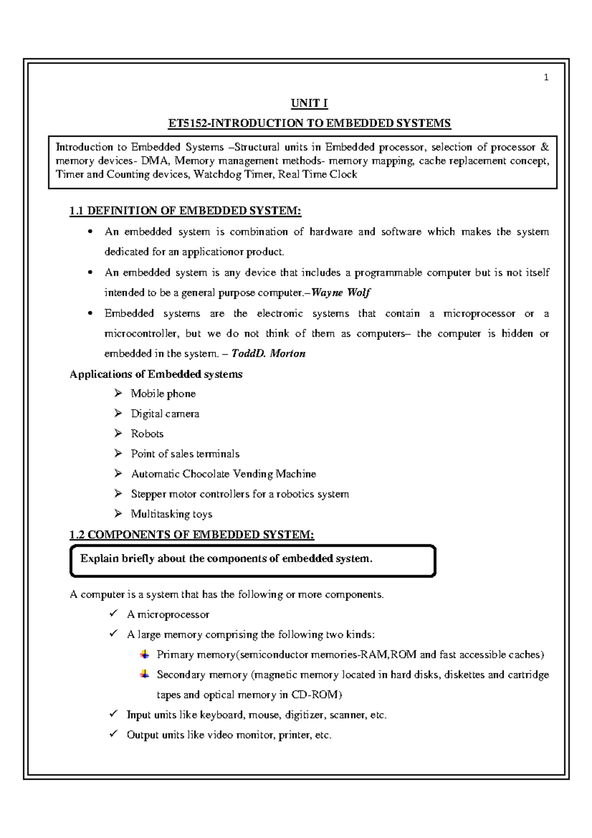 ET5152 - UNIT I: Introduction to Embedded Systems Concepts and Applications - Studocu