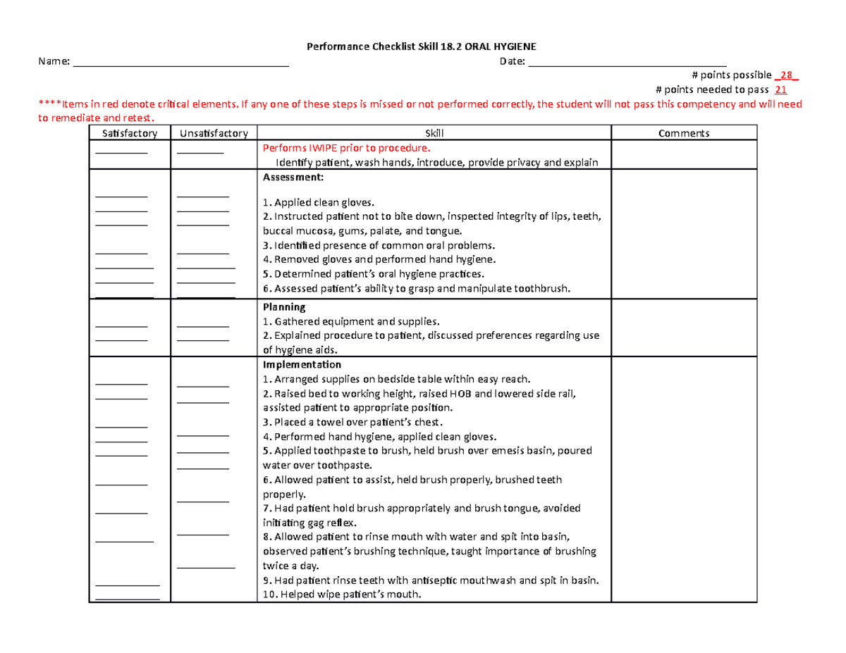 Fundamentals Skills checkoff - Performance Checklist Skill 18 ORAL ...