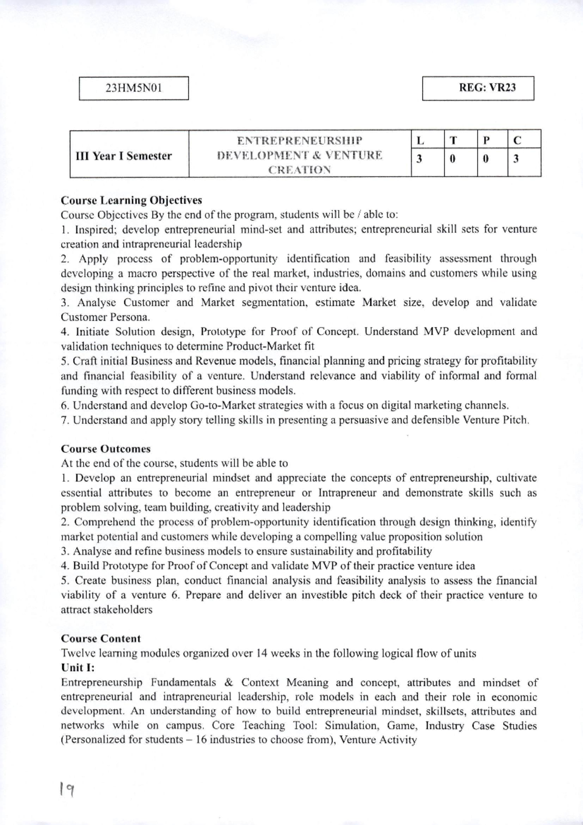 23HM5N01 REG: VR23 Entrepreneurship Development Course Syllabus - Studocu