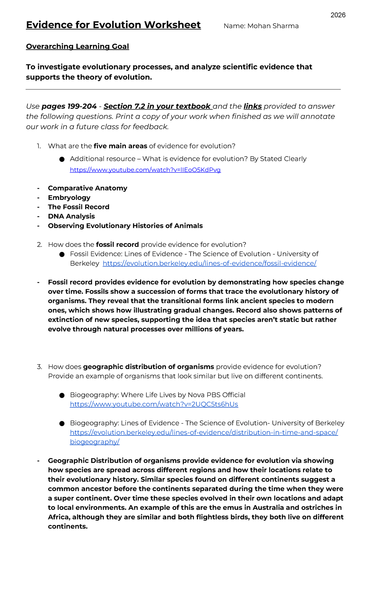 B3U Evidence for Evolution Webquest - Student Copy 2024 - Studocu