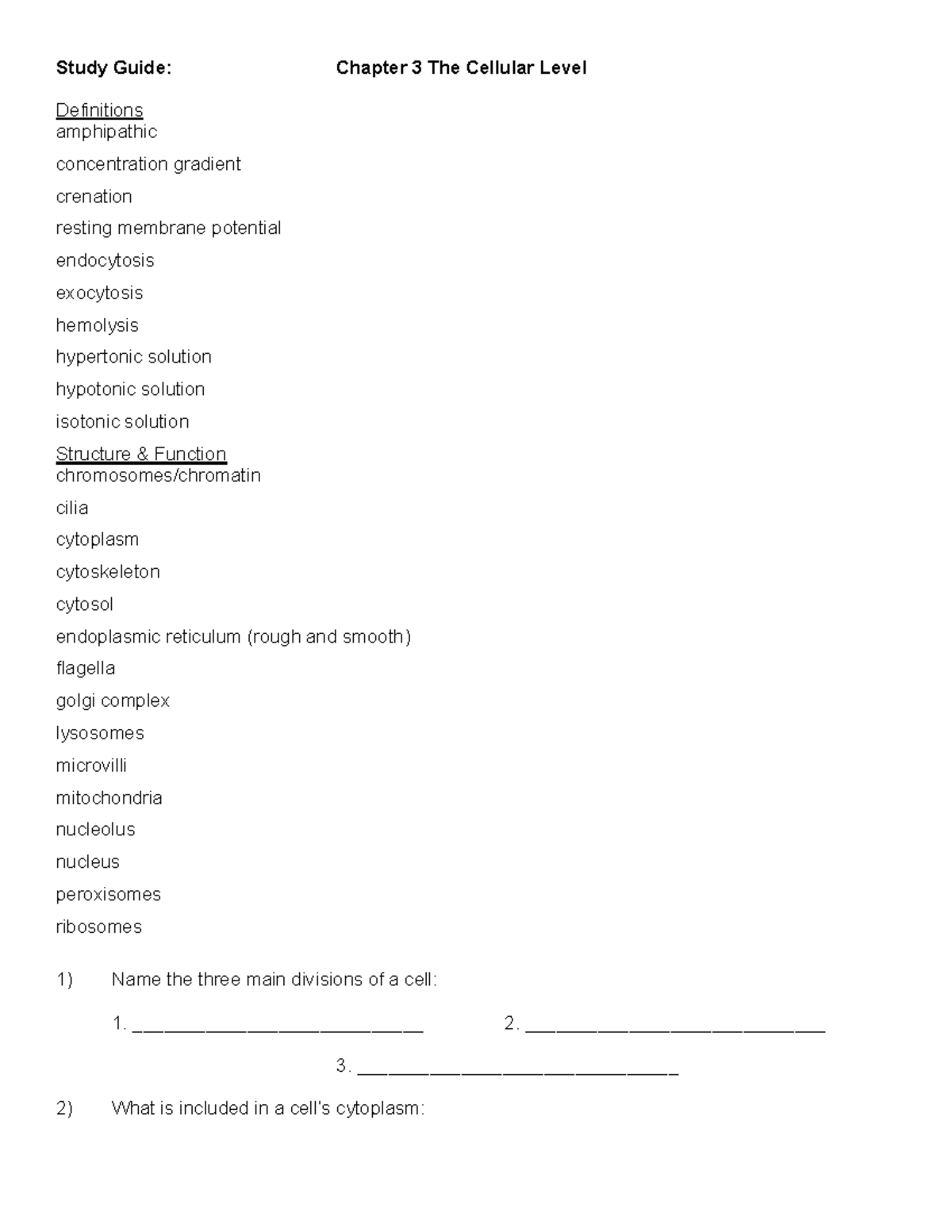 Study Guide: BIOL 101 - Chapter 3 The Cellular Level Concepts - Studocu