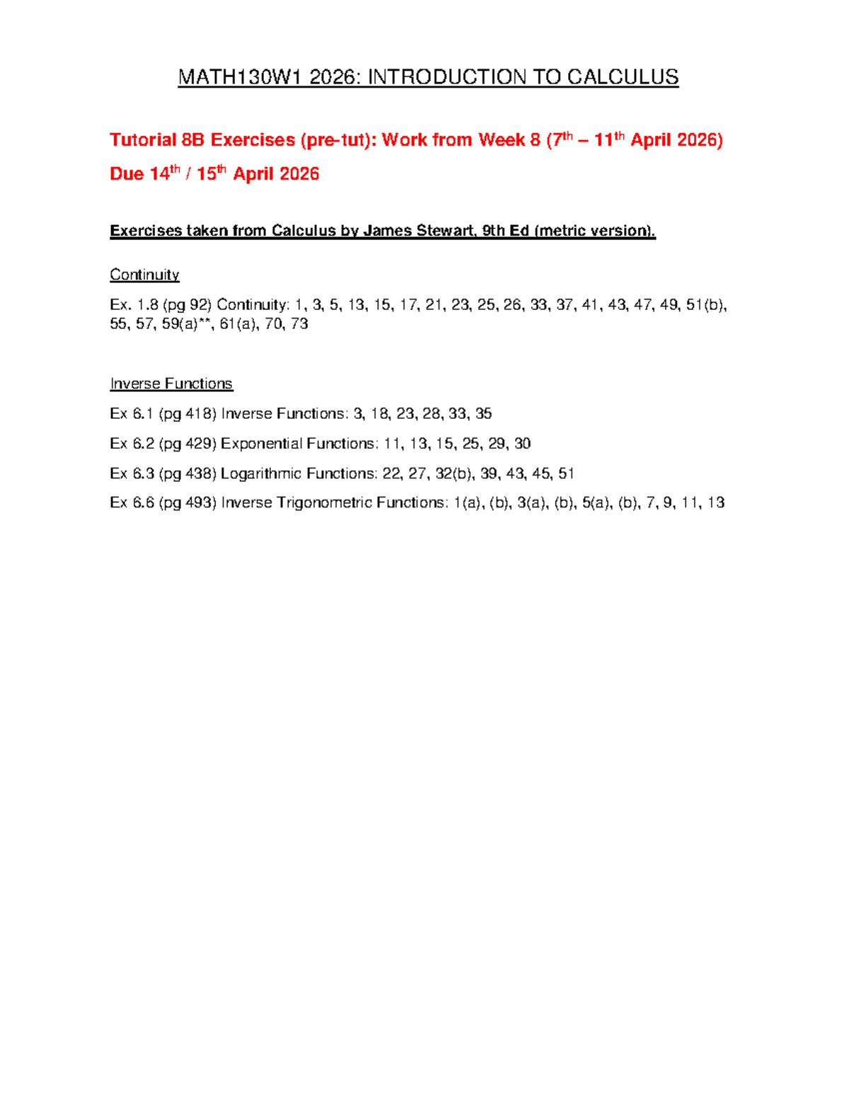 MATH130W1 2026: Calculus Tutorial 8B Exercises (Week 8) - Studocu