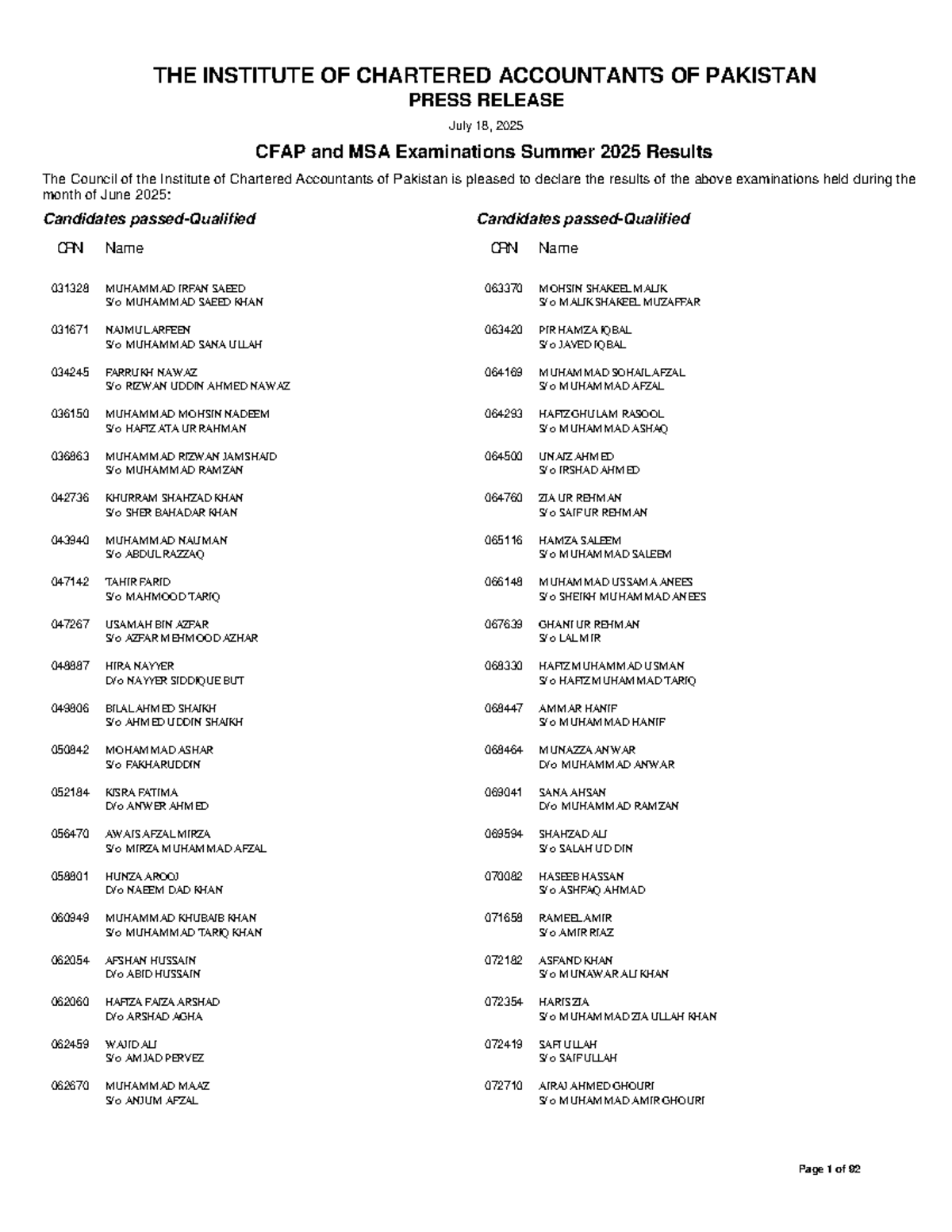 CFAP MSA Summer 2025 Examination Results - Studocu