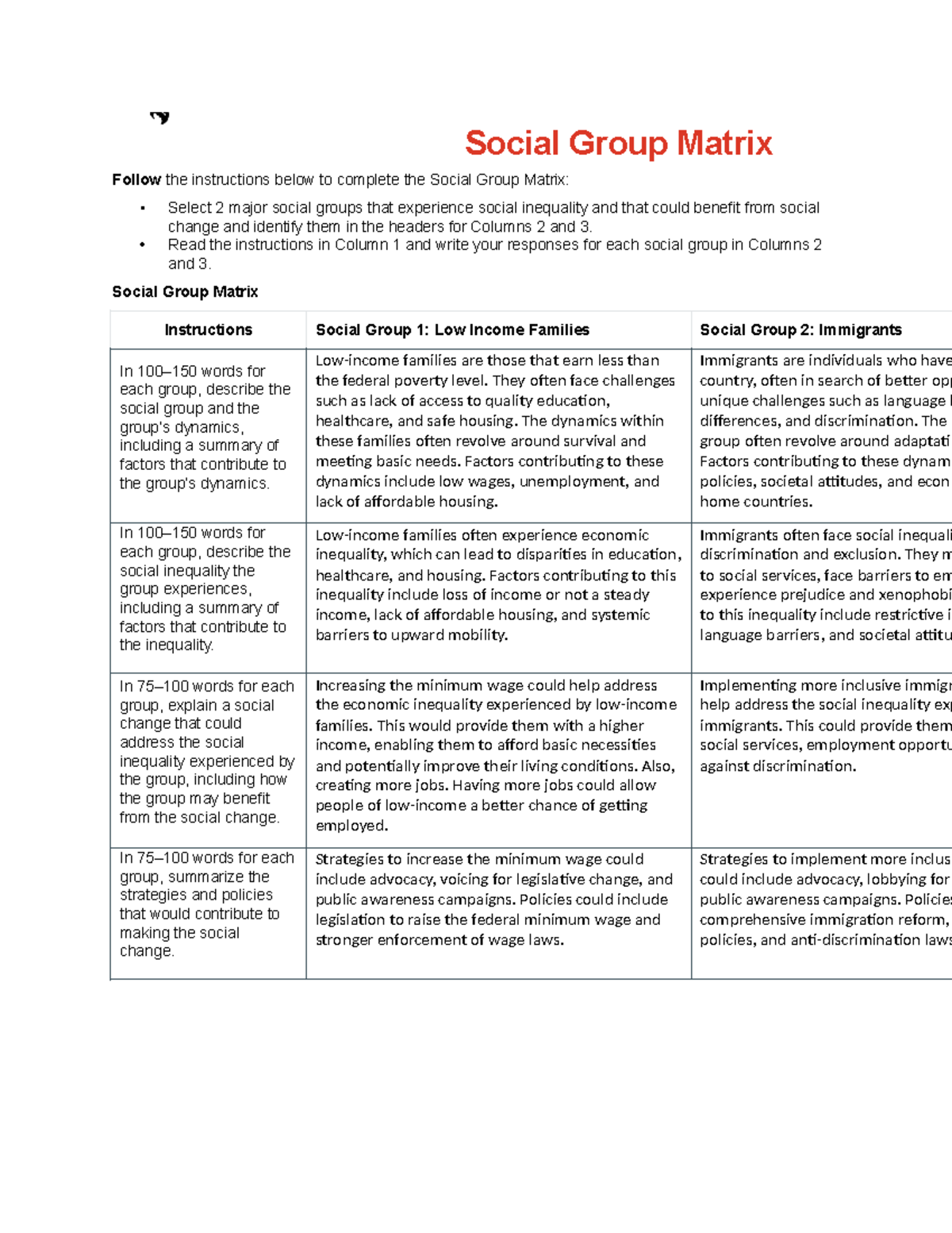 Soc100 v9 WK5 Social Group Matrix: Inequality & Change for Low-Income ...