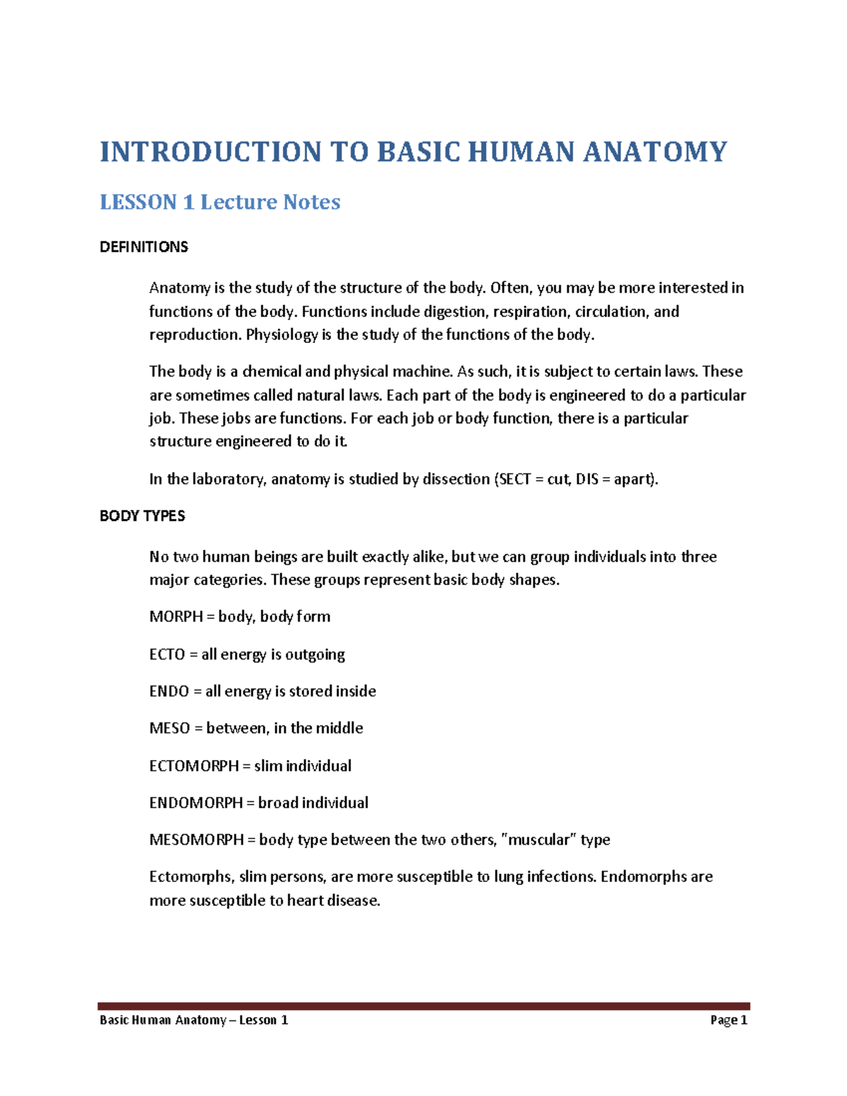 Anatomy 1 Lecture Notes help for students - INTRODUCTION TO BASIC HUMAN ...