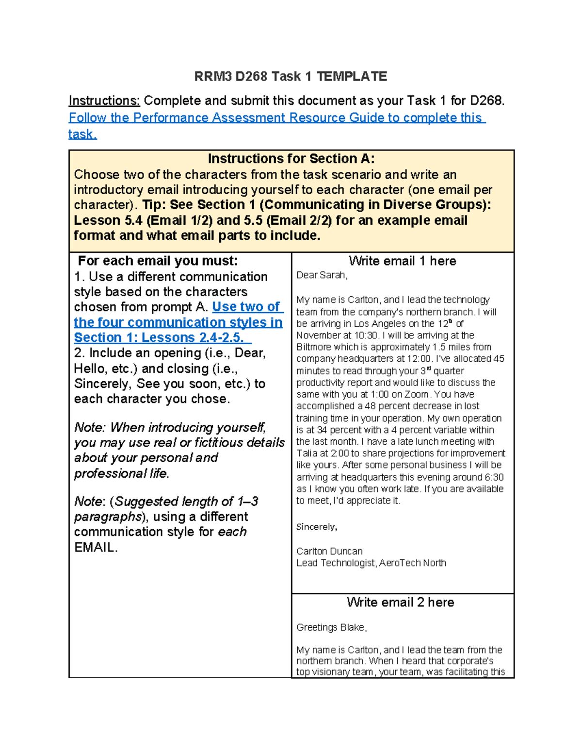 D268 Task 1: Email Introductions Using Two Communication Styles - Studocu