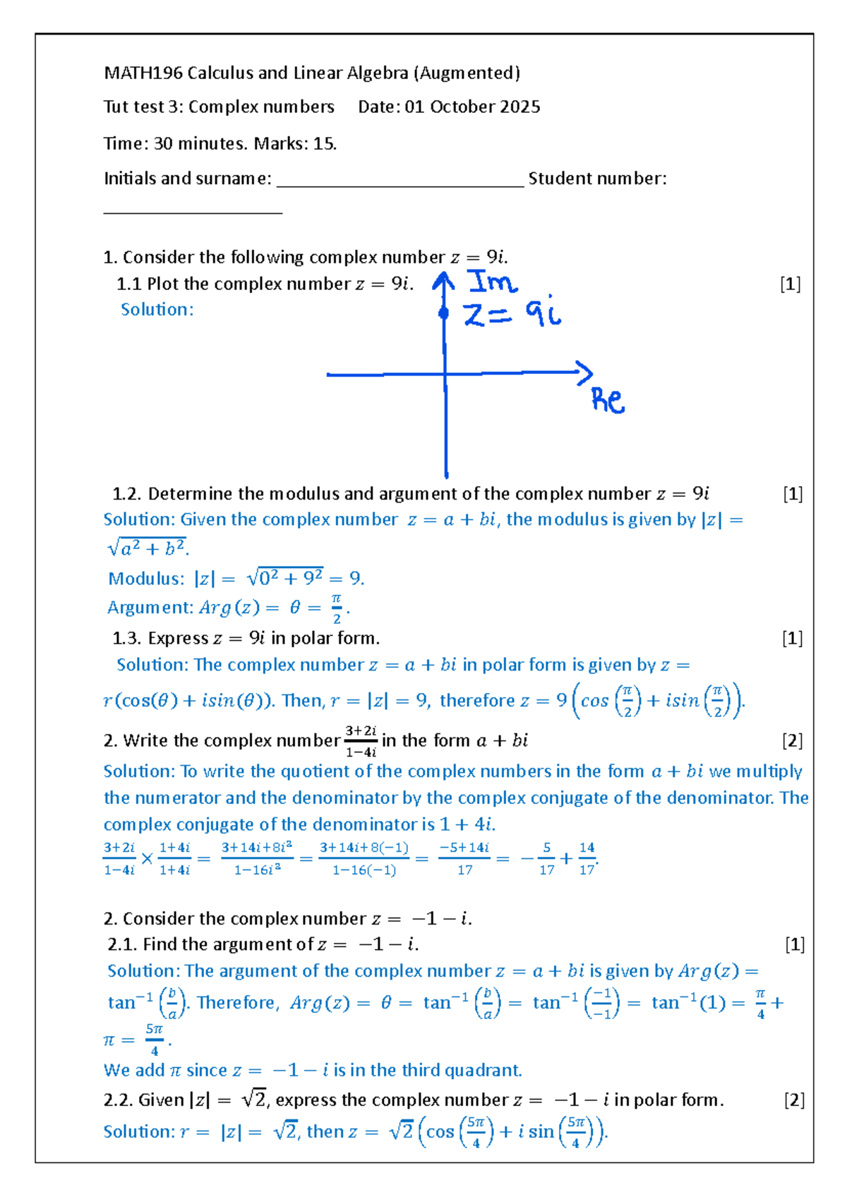 MATH196 Tut Test 3: Complex Numbers Analysis and Solutions - Studocu
