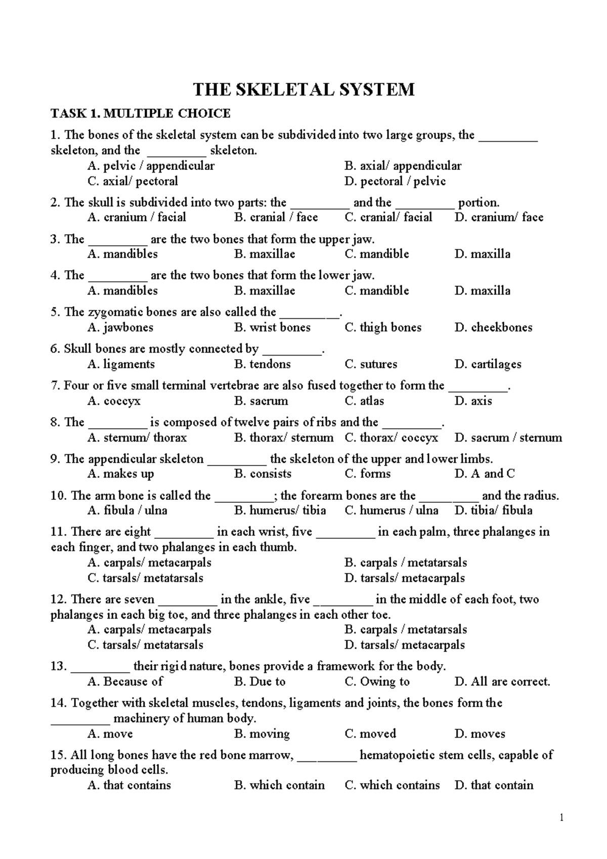 Handout- Skeletal System - 1 THE SKELETAL SYSTEM TASK 1. MULTIPLE ...