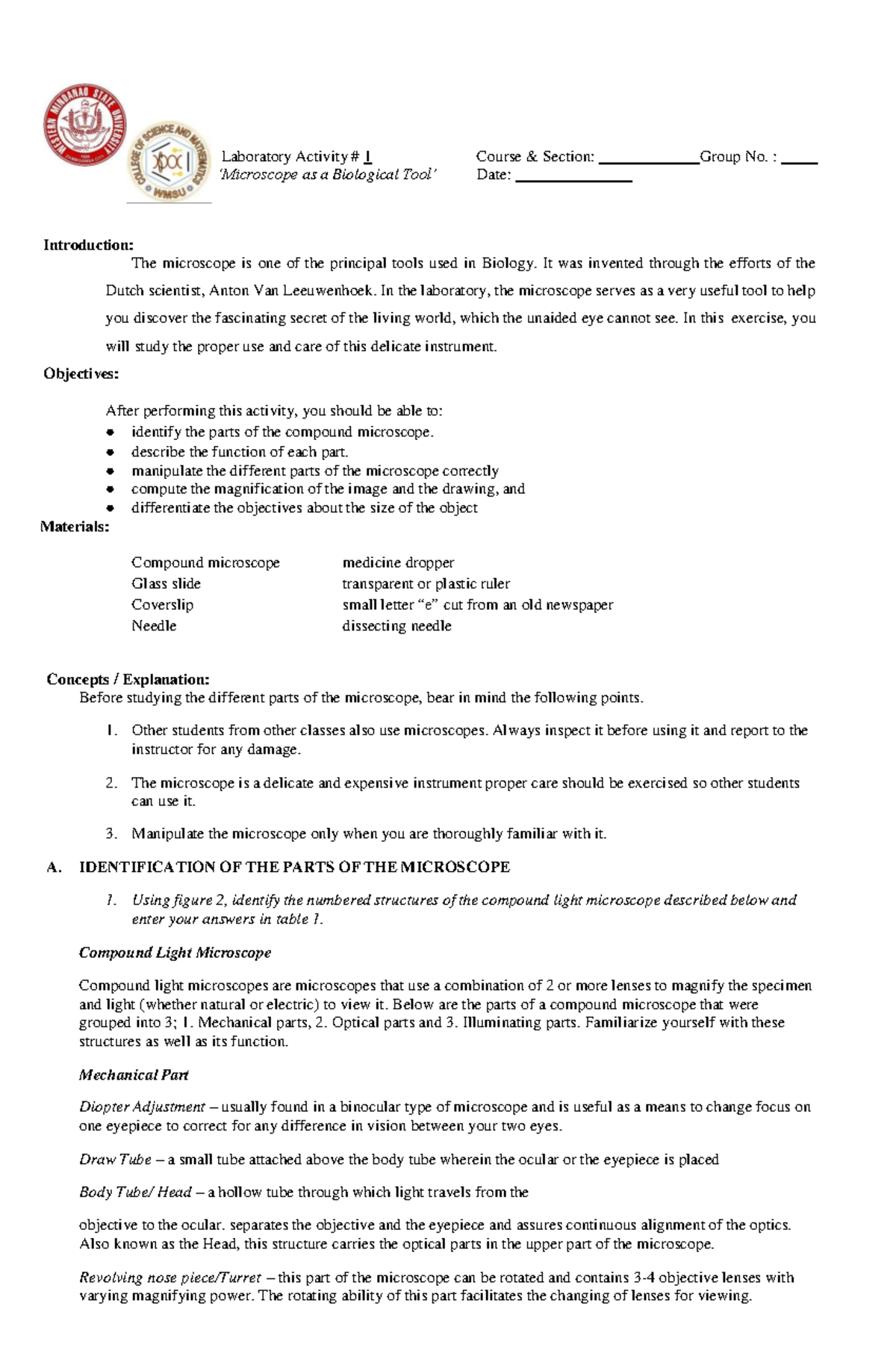 Lab Activity 1: Microscope as a Biological Tool - Zoology (GENZOOO ...