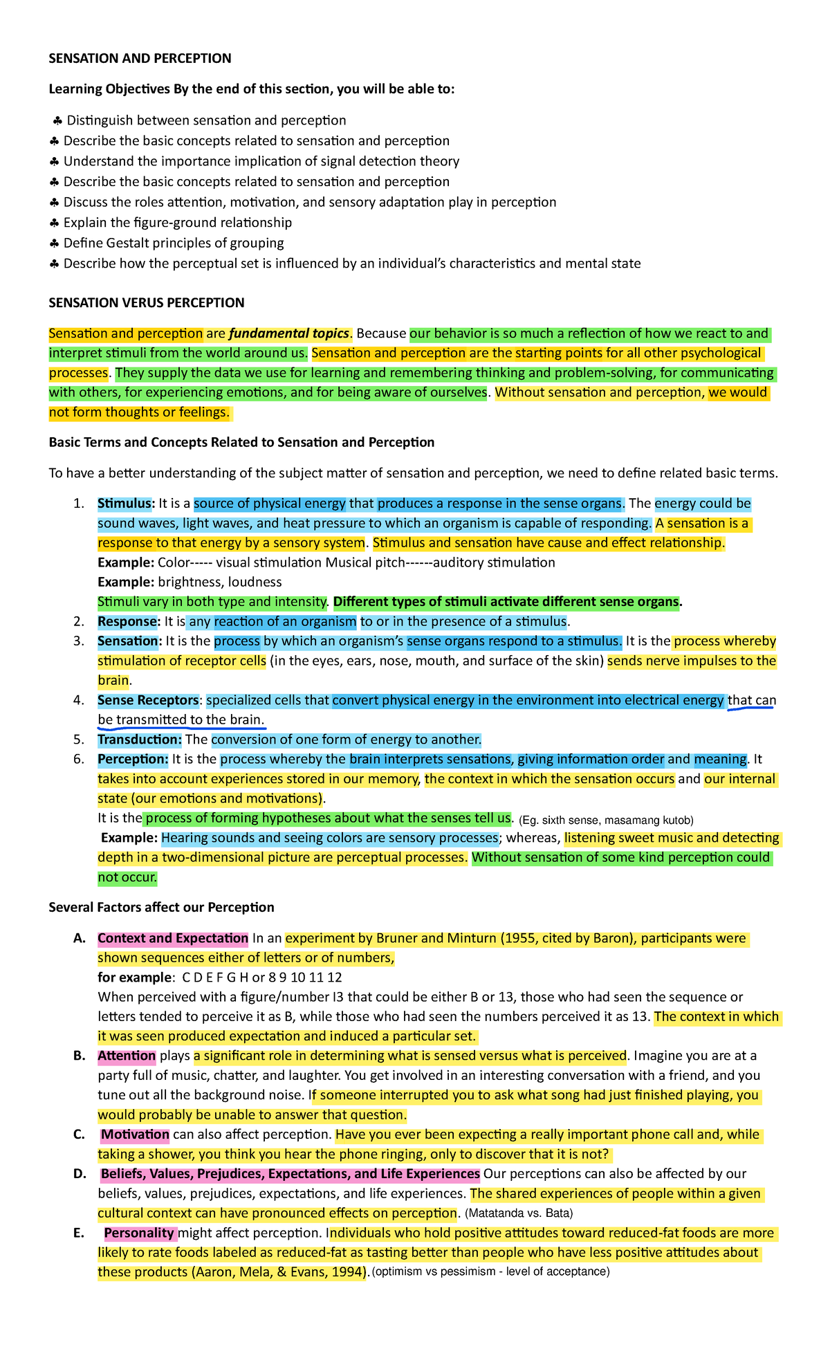 Sensation and Perception - SENSATION AND PERCEPTION Learning Objectives ...