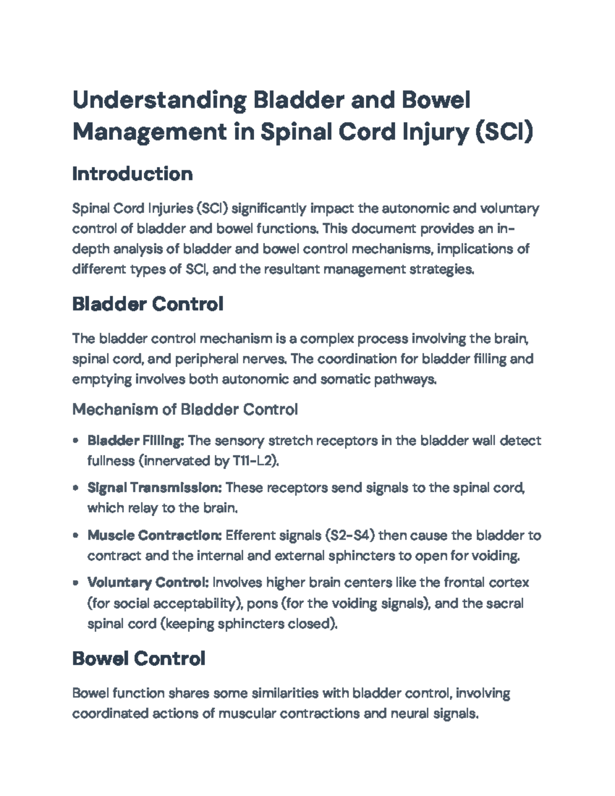 SCI Management: Mechanisms & Strategies for Bladder and Bowel Control - Studocu