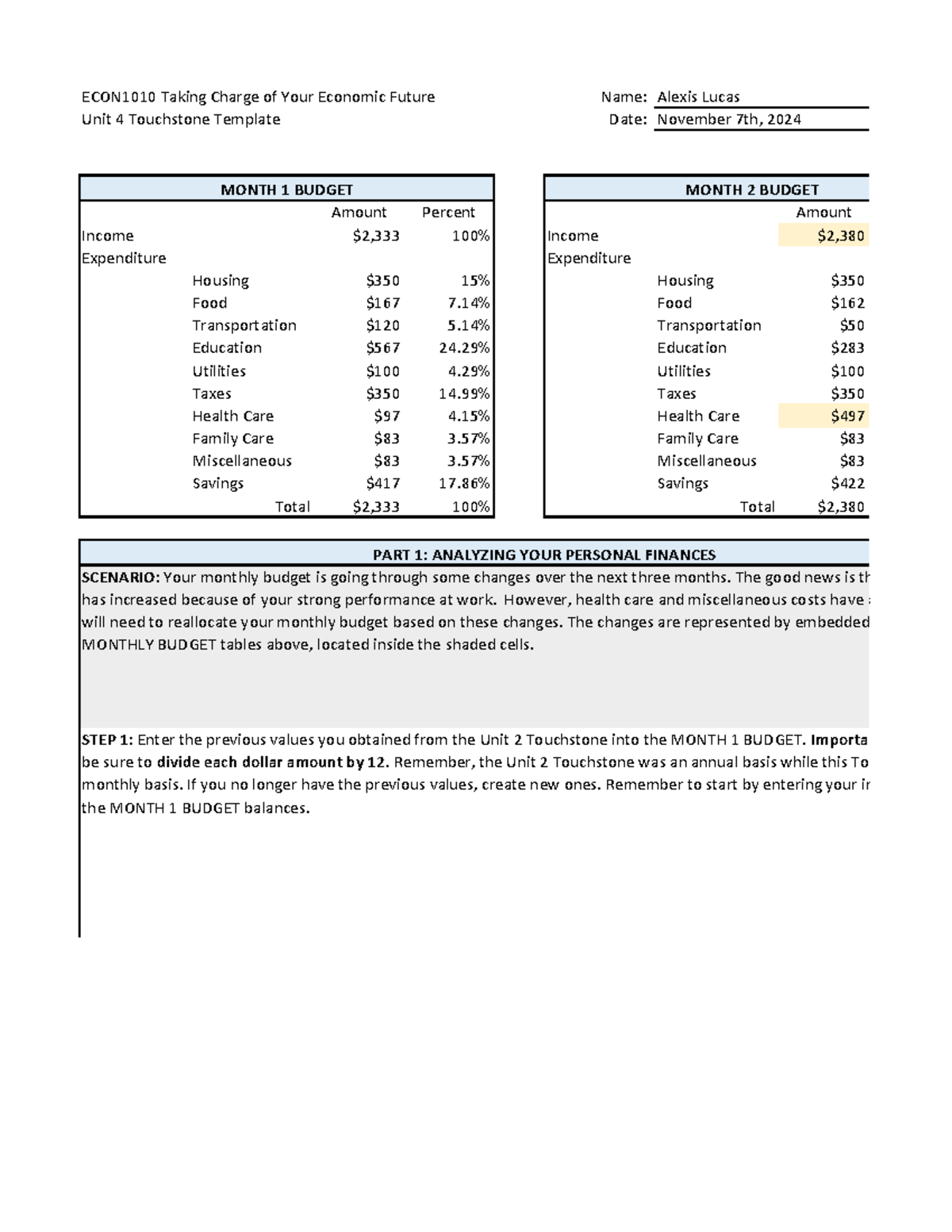 Unit 4 Touchstone 1: Monthly Budget Analysis and Savings Strategies ...
