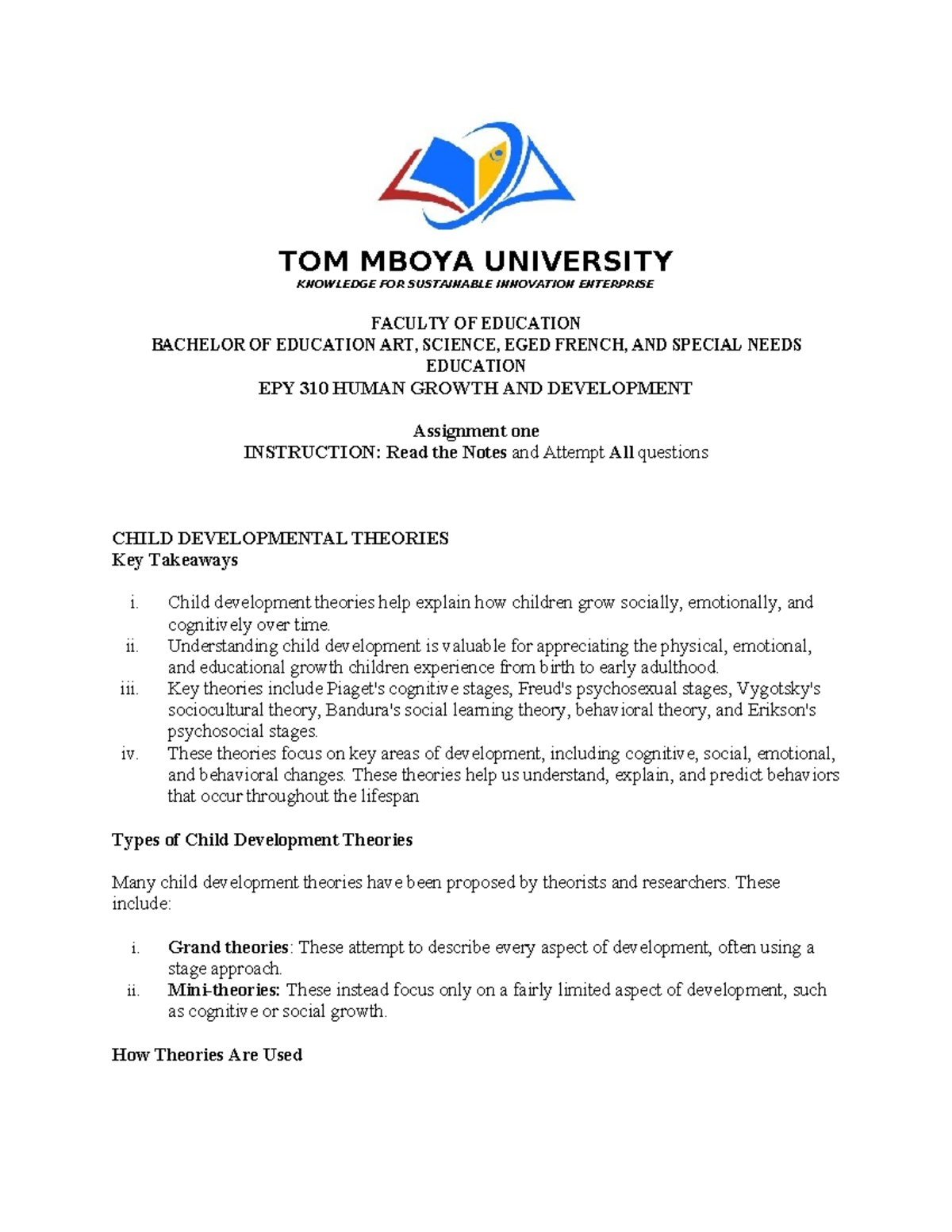 EPY 310 Assignment One: Key Theories in Child Development - Studocu