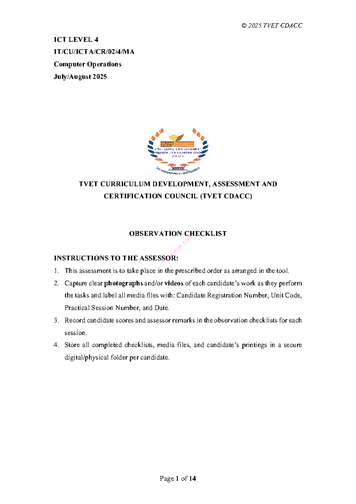 2025 TVET CDACC ICT LEVEL 4 Computer Operations Assessment Checklist ...
