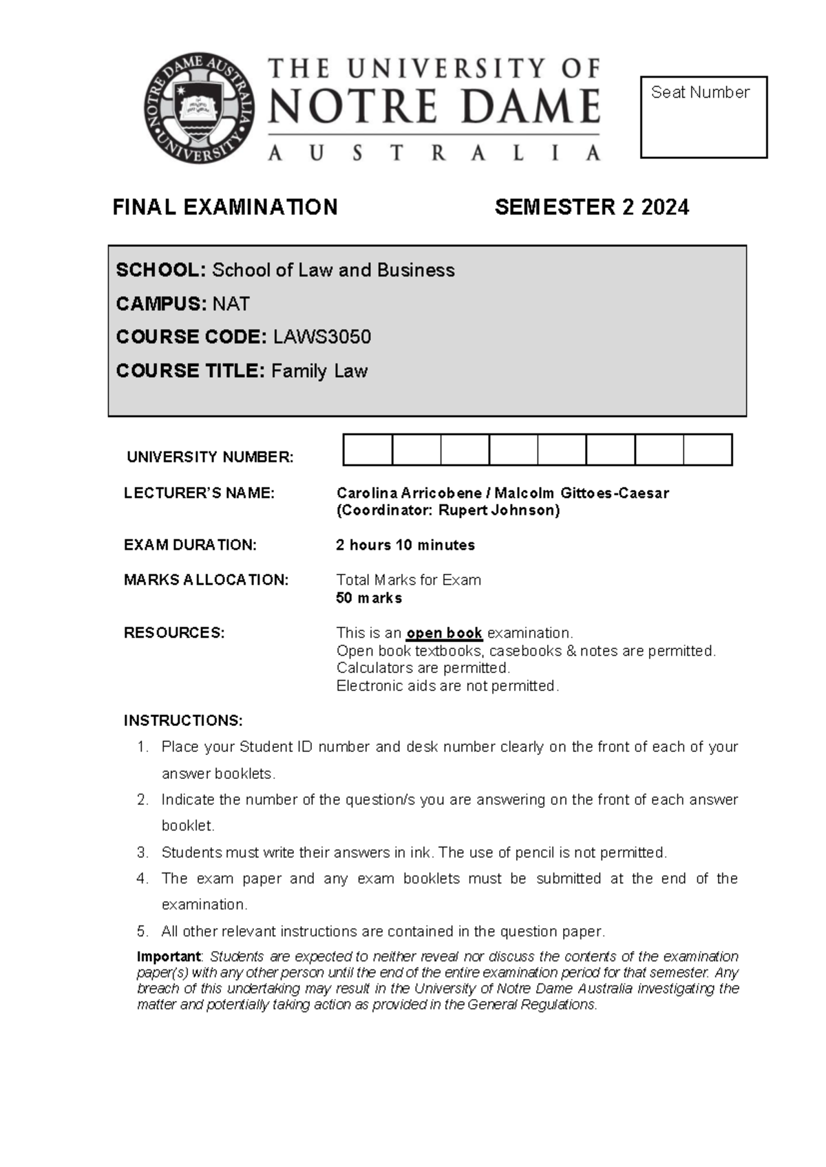 PAST EXAM 2024: LAWS3050 Family Law Final Exam Analysis - Studocu