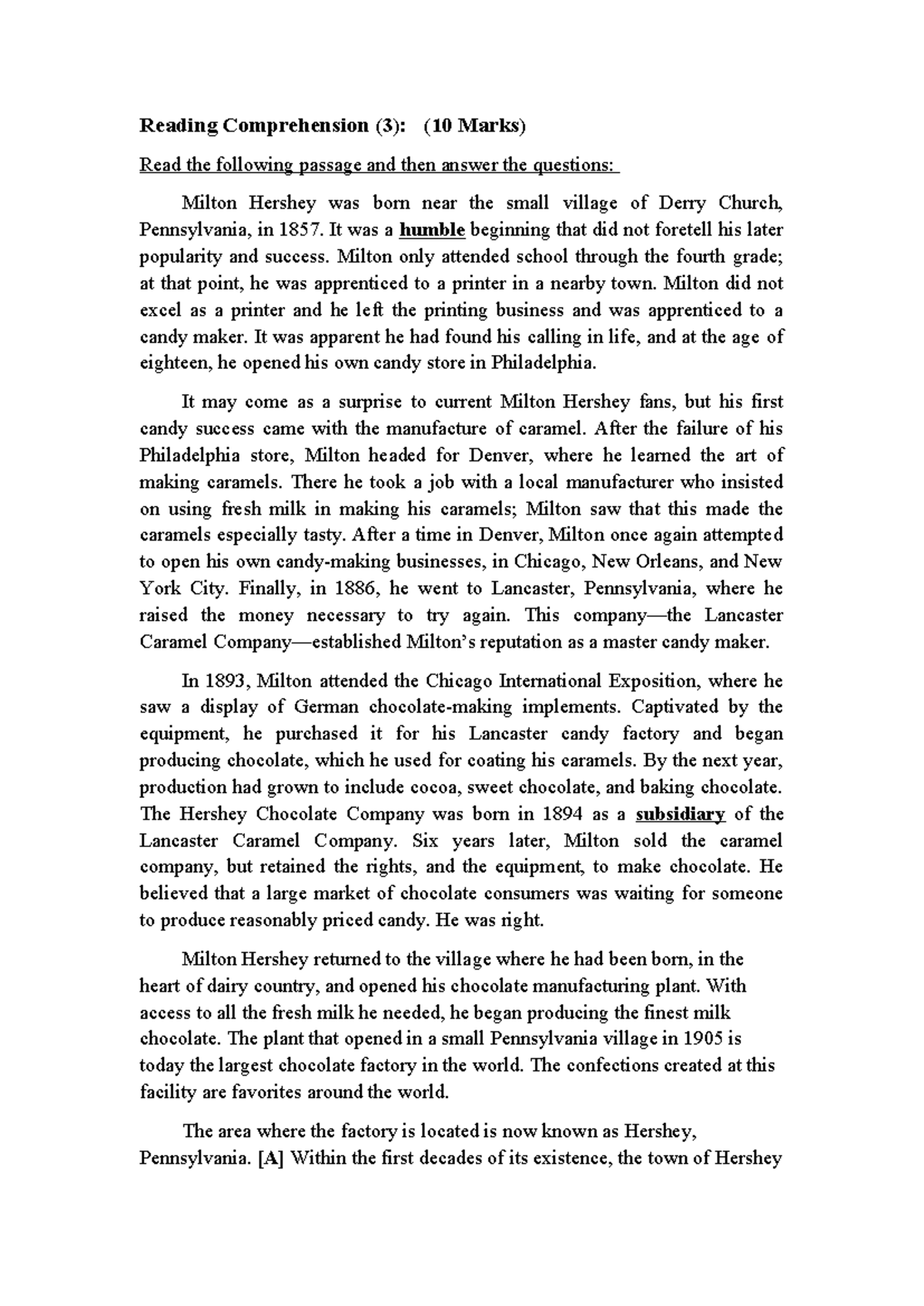 Reading Comprehension (3): Milton Hershey's Journey to Success - Studocu