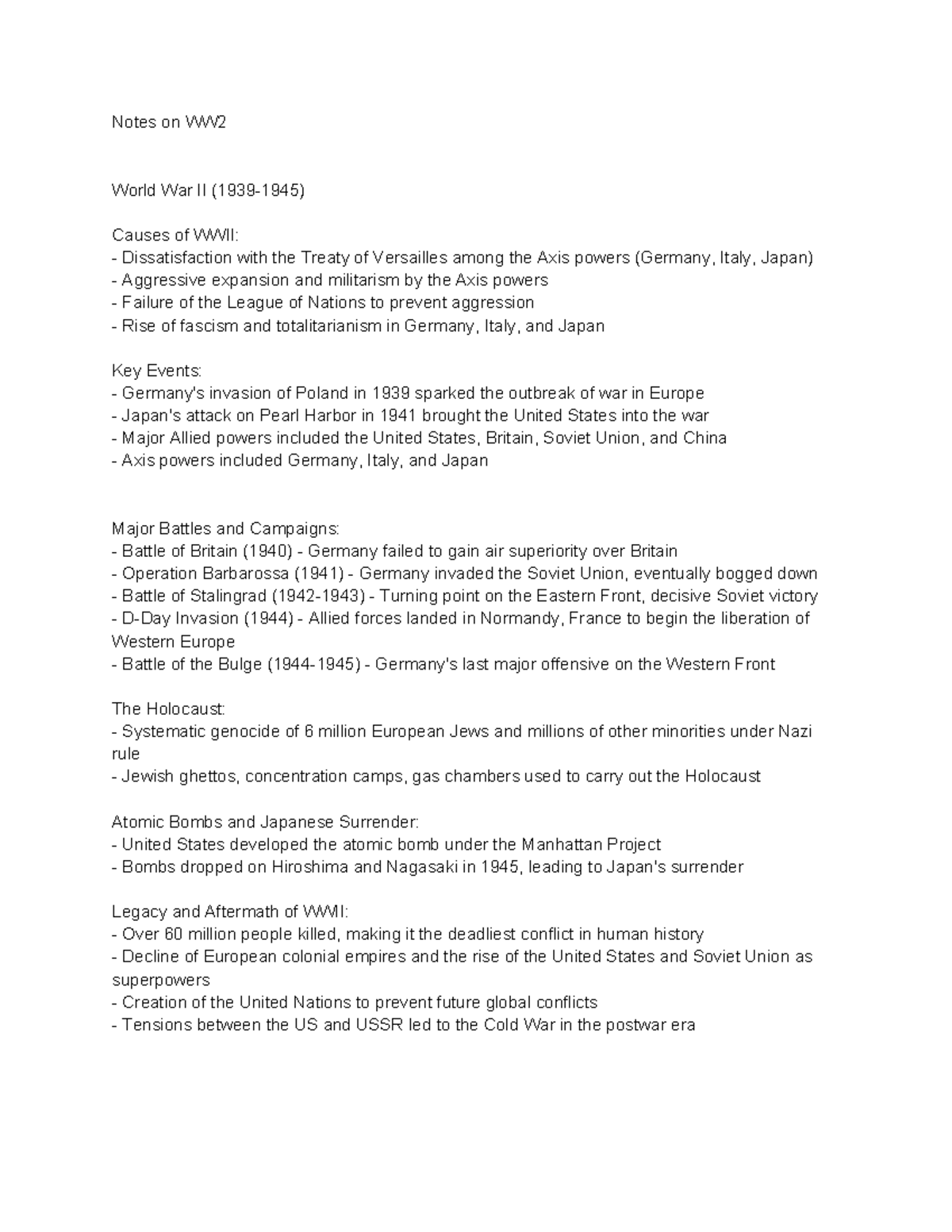 Notes on WW2 - ..... - Notes on WW World War II (1939-1945) Causes of ...
