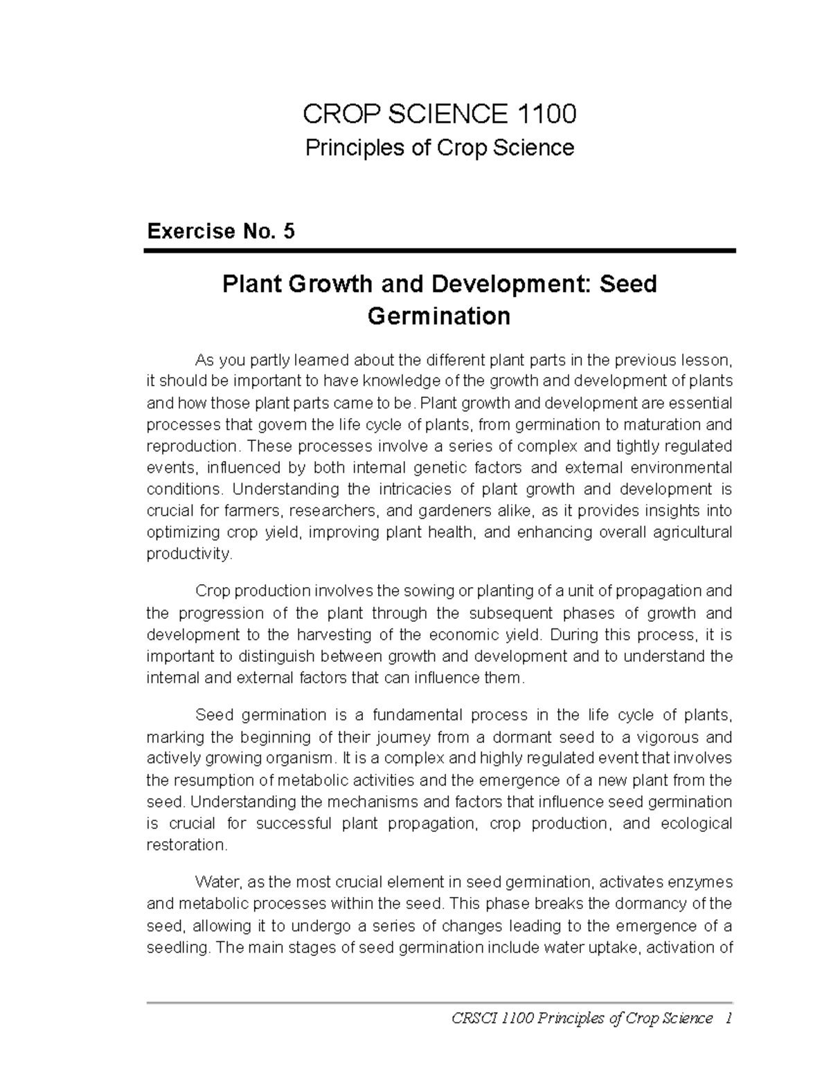CRSCI 1100 Lab Exercise 5: Seed Germination & Plant Growth - Studocu
