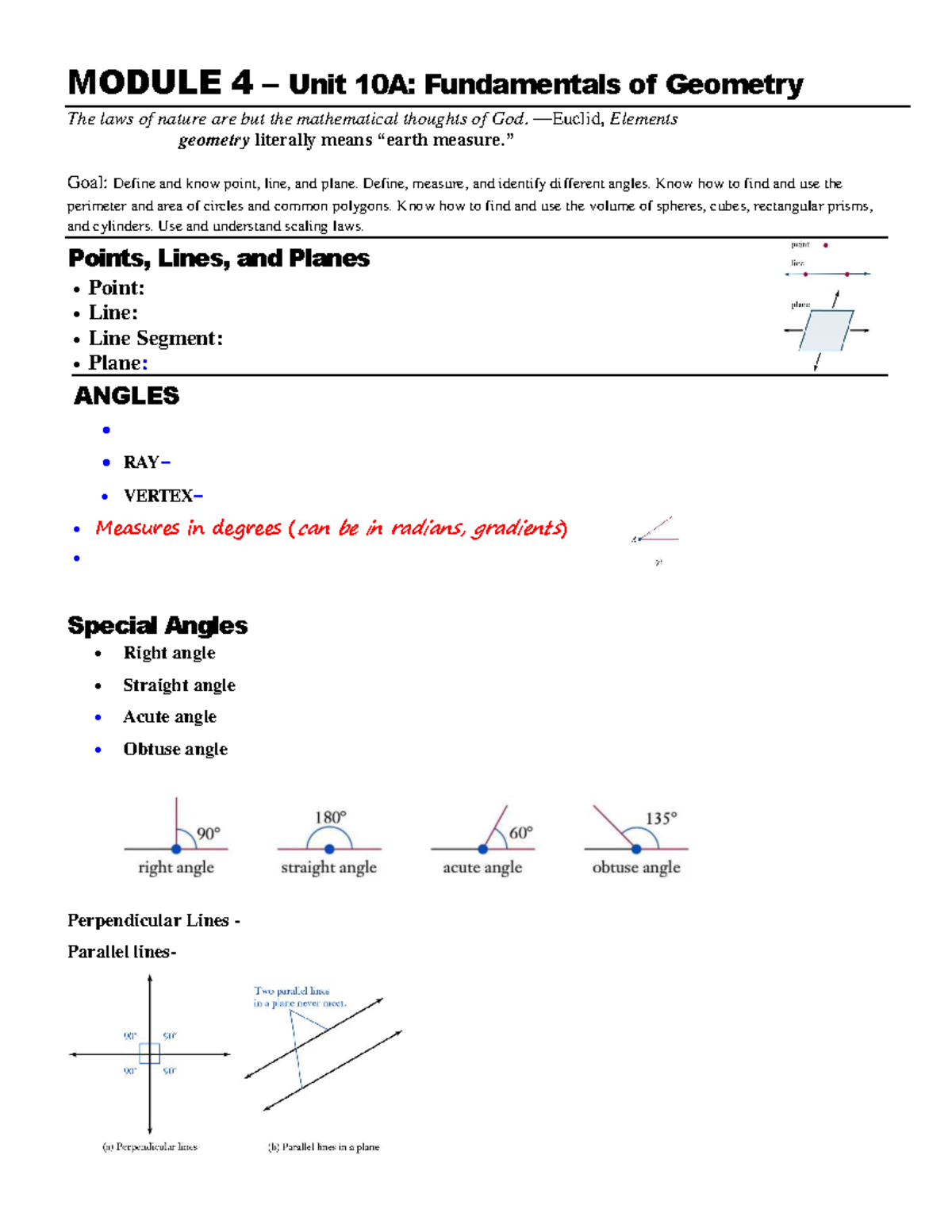 MODULE 4 Unit 10A: Geometry Fundamentals - Points, Angles, and Areas ...