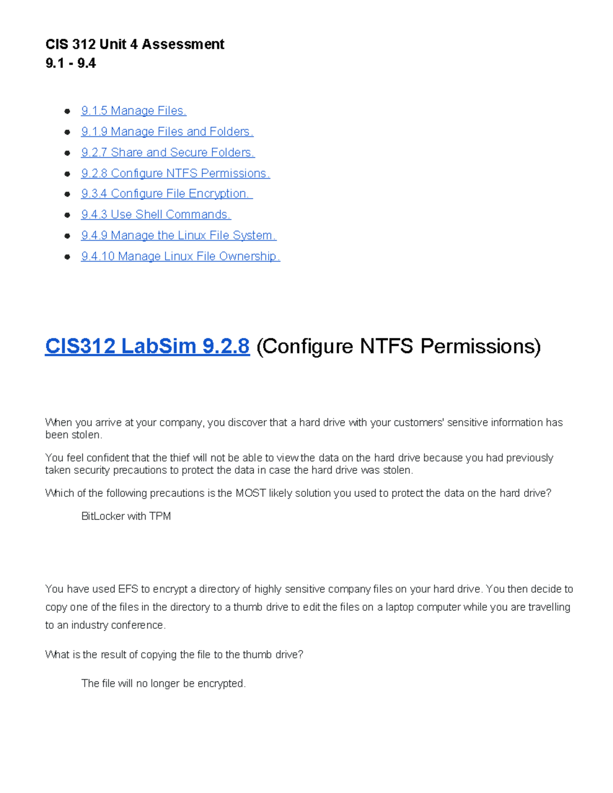 CIS 312 Unit 4 Assessment - CIS 312 Unit 4 Assessment 9 - 9. 9.1 Manage ...