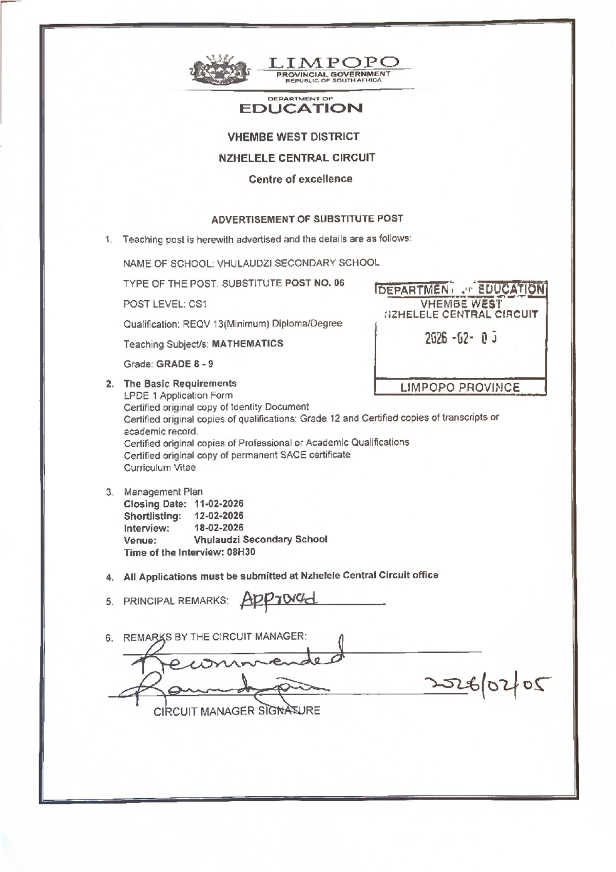 LIMPOPO PROVINCE SUBSTITUTE TEACHING POST ADVERTISEMENT - GRADE 8-9 ...