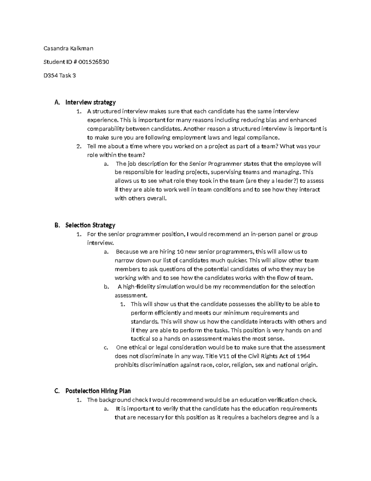 D354 Task 3 - Interview and selection strategy for senior programmer ...