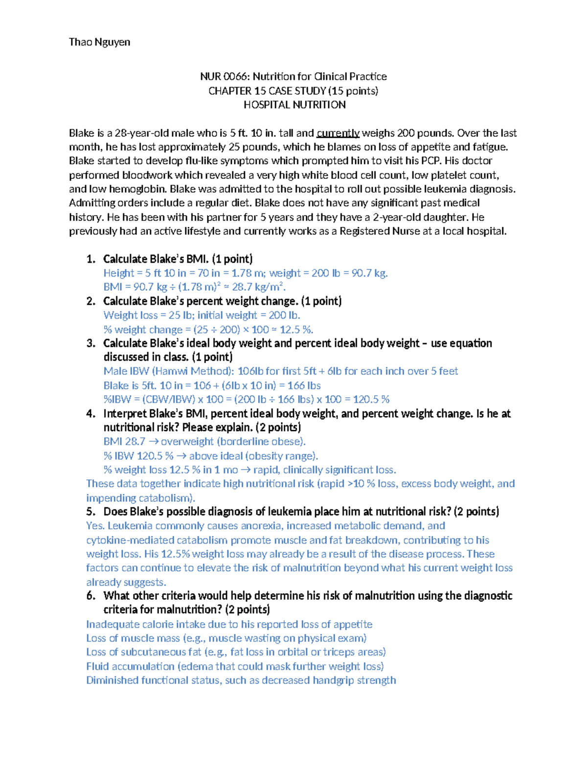 NUR 0066: Chapter 15 Case Study on Hospital Nutrition and BMI Analysis ...