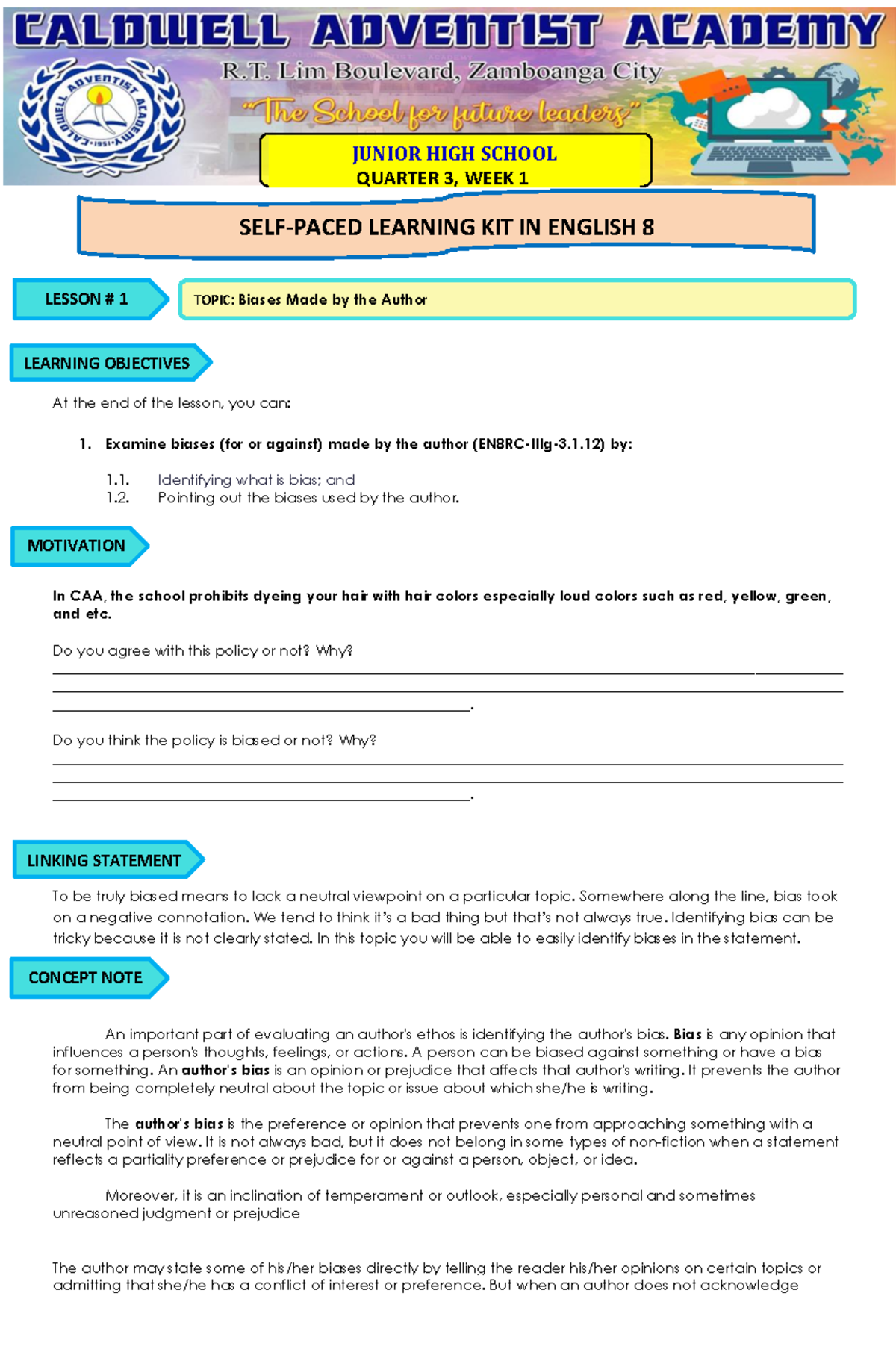 English 8 - Understanding Author Biases: Lesson & Activities - Studocu