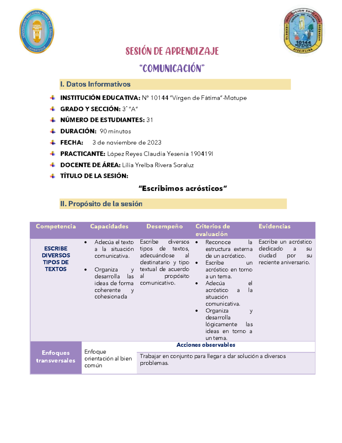 Escribimos Acrósticos - Sesión 03-11 (5° Grado, 3° "A") - Studocu