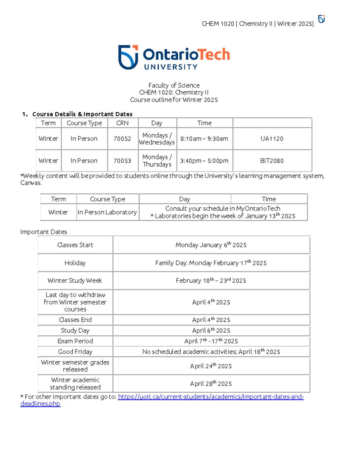 Chem 1020 Syllabus for Winter 2025: Course Details & Structure - Studocu